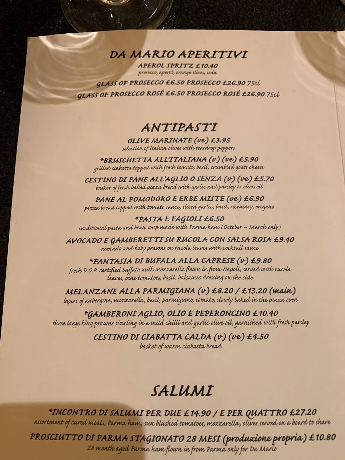Menu at Da Mario Kensington restaurant, London, 15 Gloucester Rd