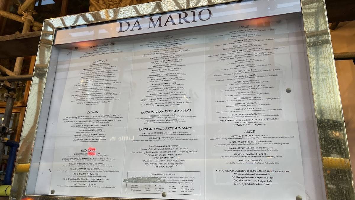 Menu at Da Mario Kensington restaurant, London, 15 Gloucester Rd
