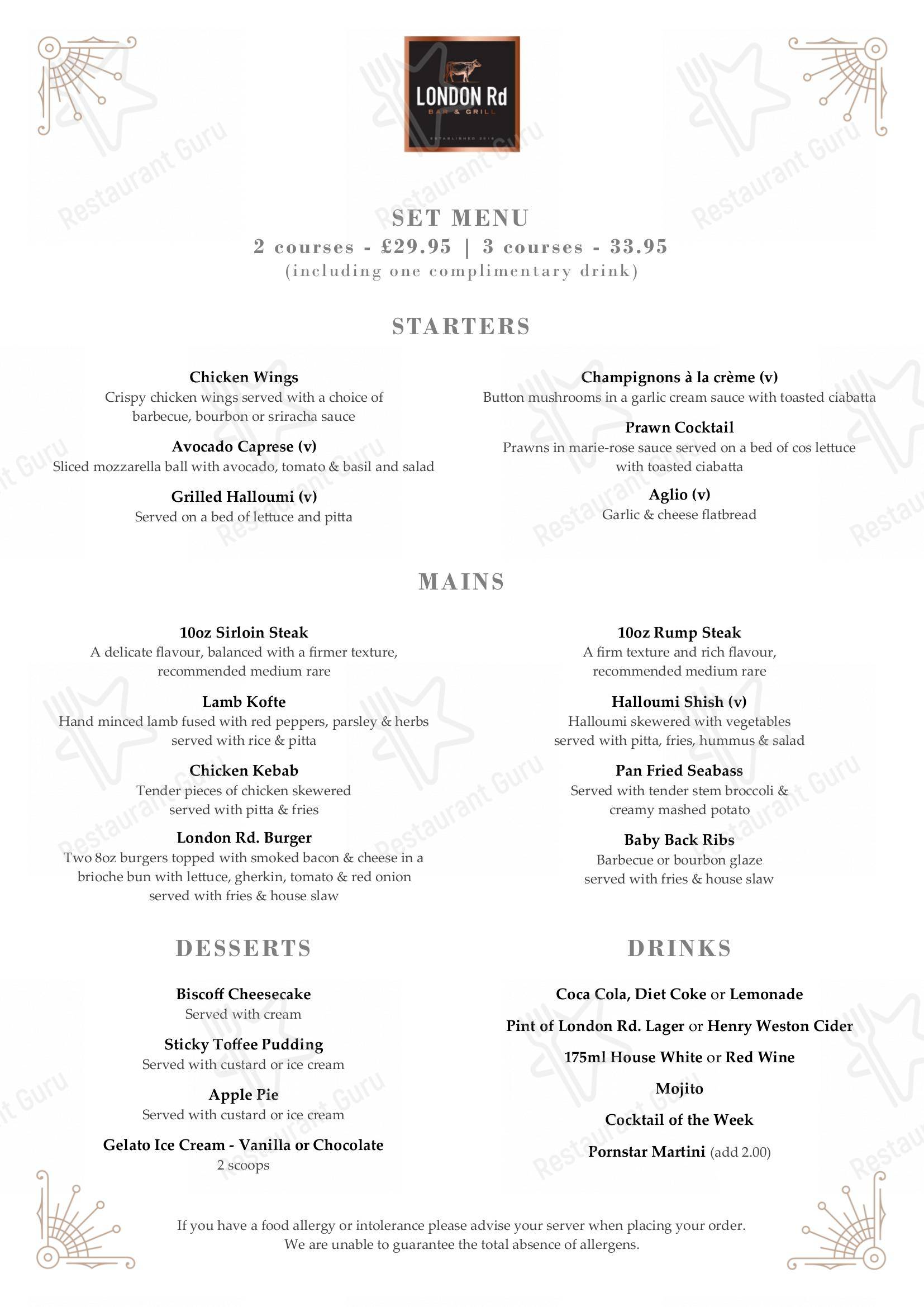 Menu at London Road Bar & Grill, East Grinstead