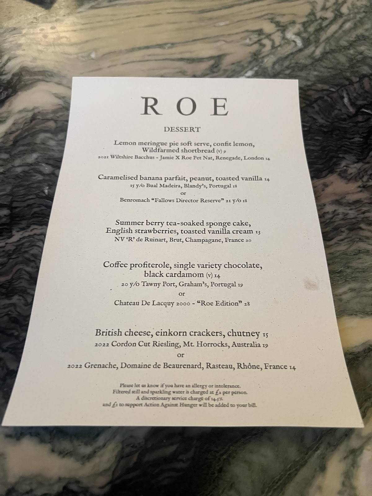 Menu at Roe - Canary Wharf restaurant, London, 5 Park Dr