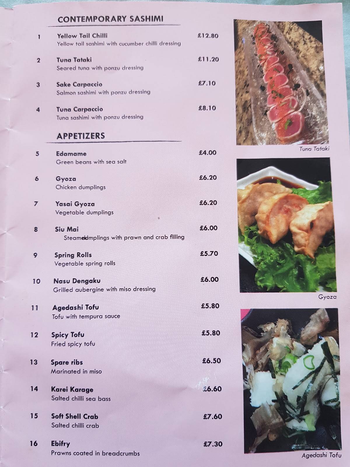 Menu at Umi restaurant, Twickenham