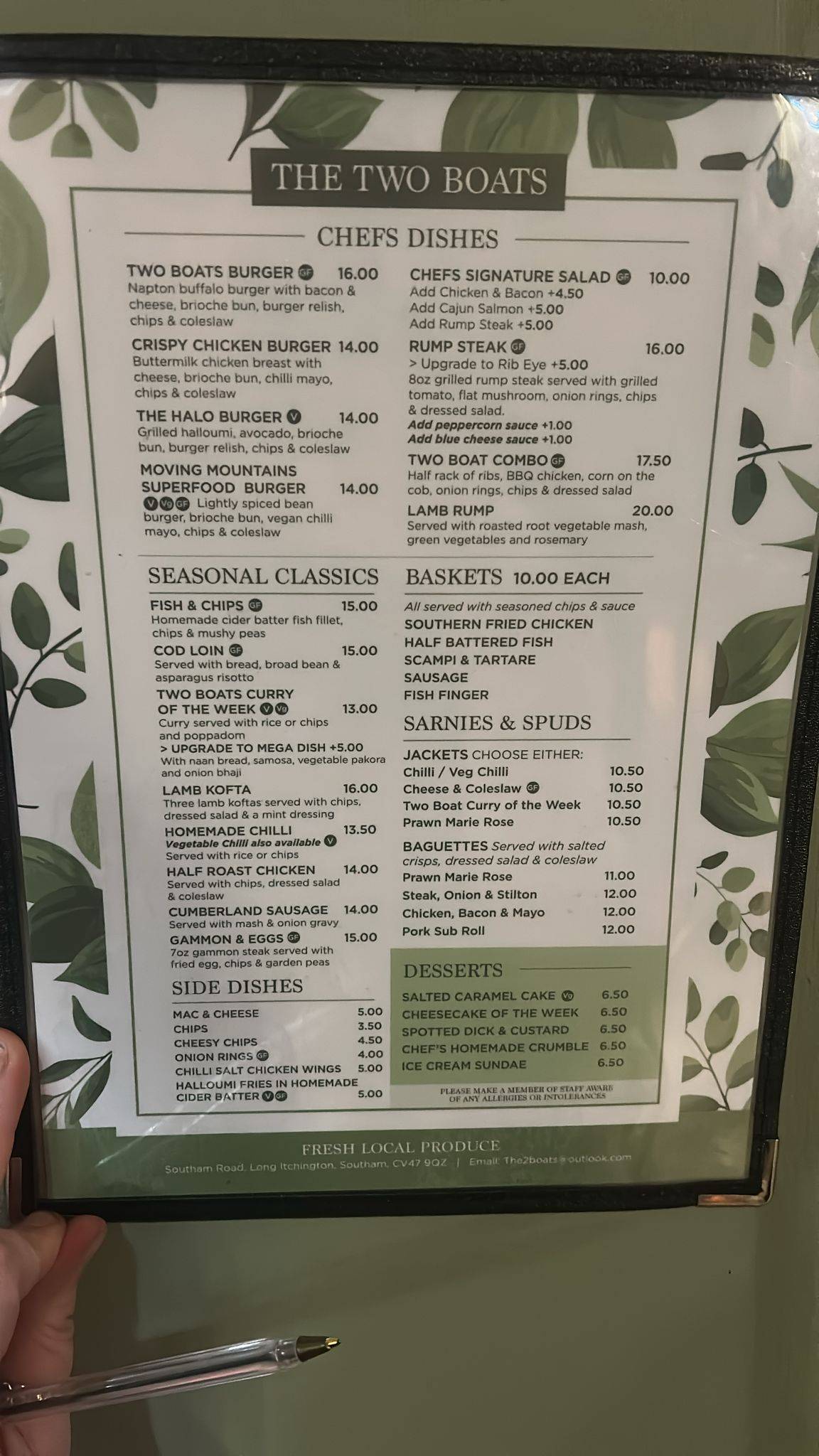 Menu at The Two Boats Inn pub & bar, Long Itchington