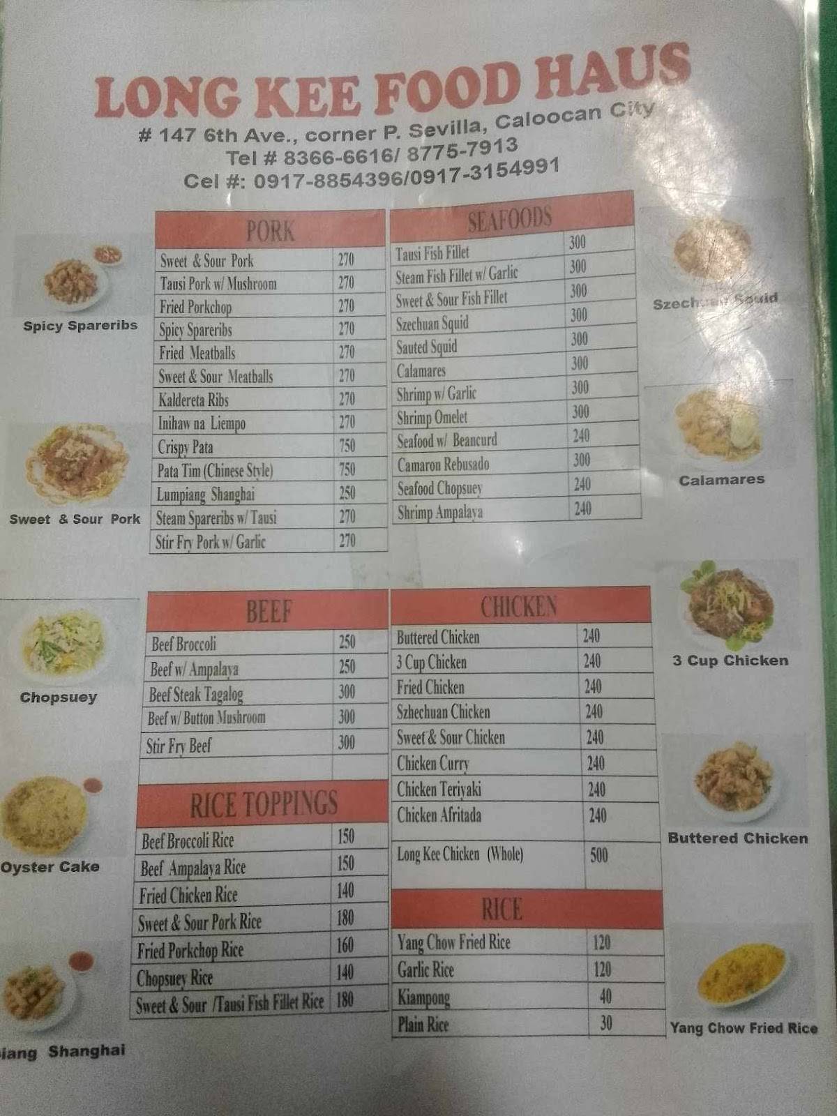 Menu at Long Kee restaurant, Caloocan