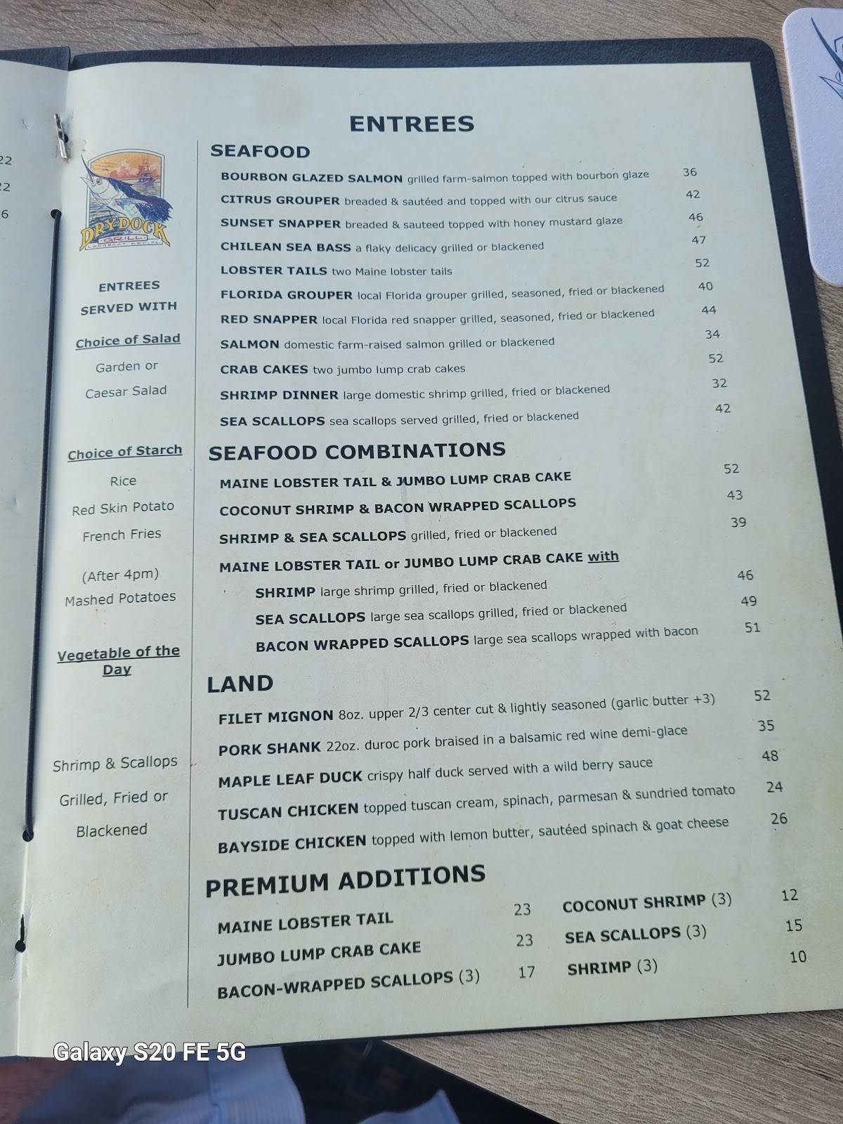 Menu at Dry Dock Waterfront Grill restaurant, Longboat Key