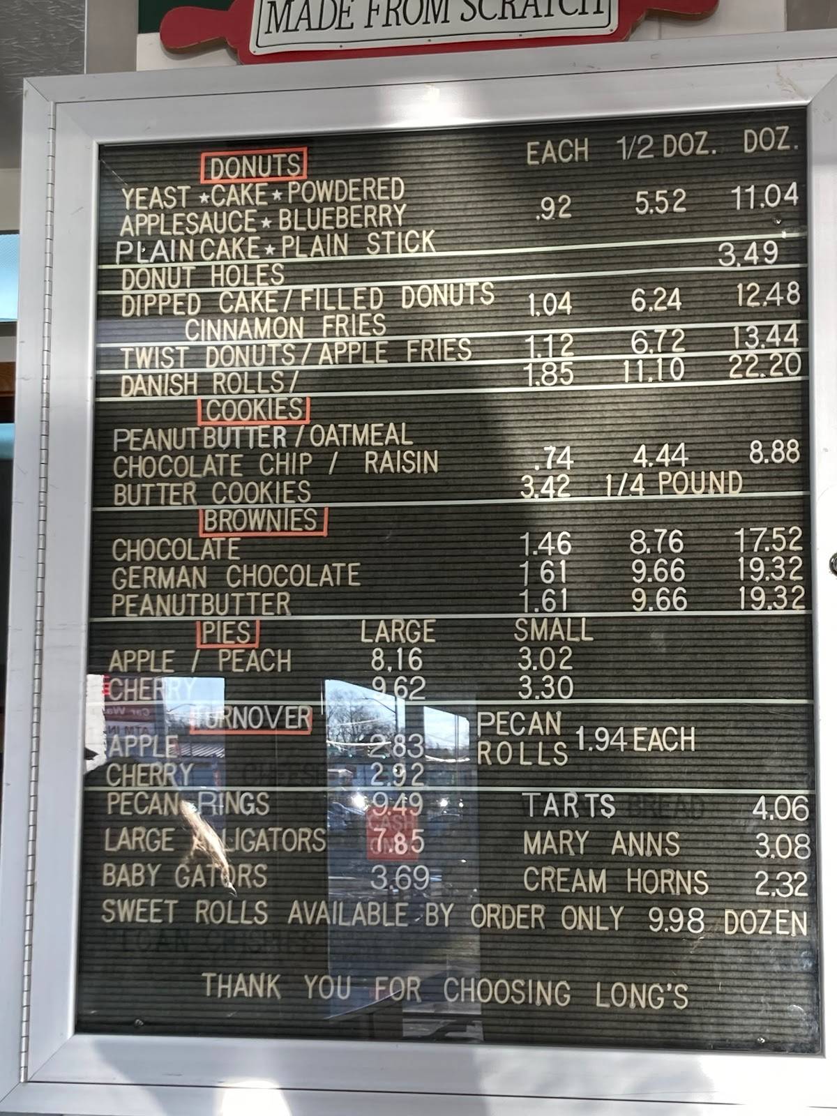 Menu at Long's Bakery, Indianapolis, N Tremont St
