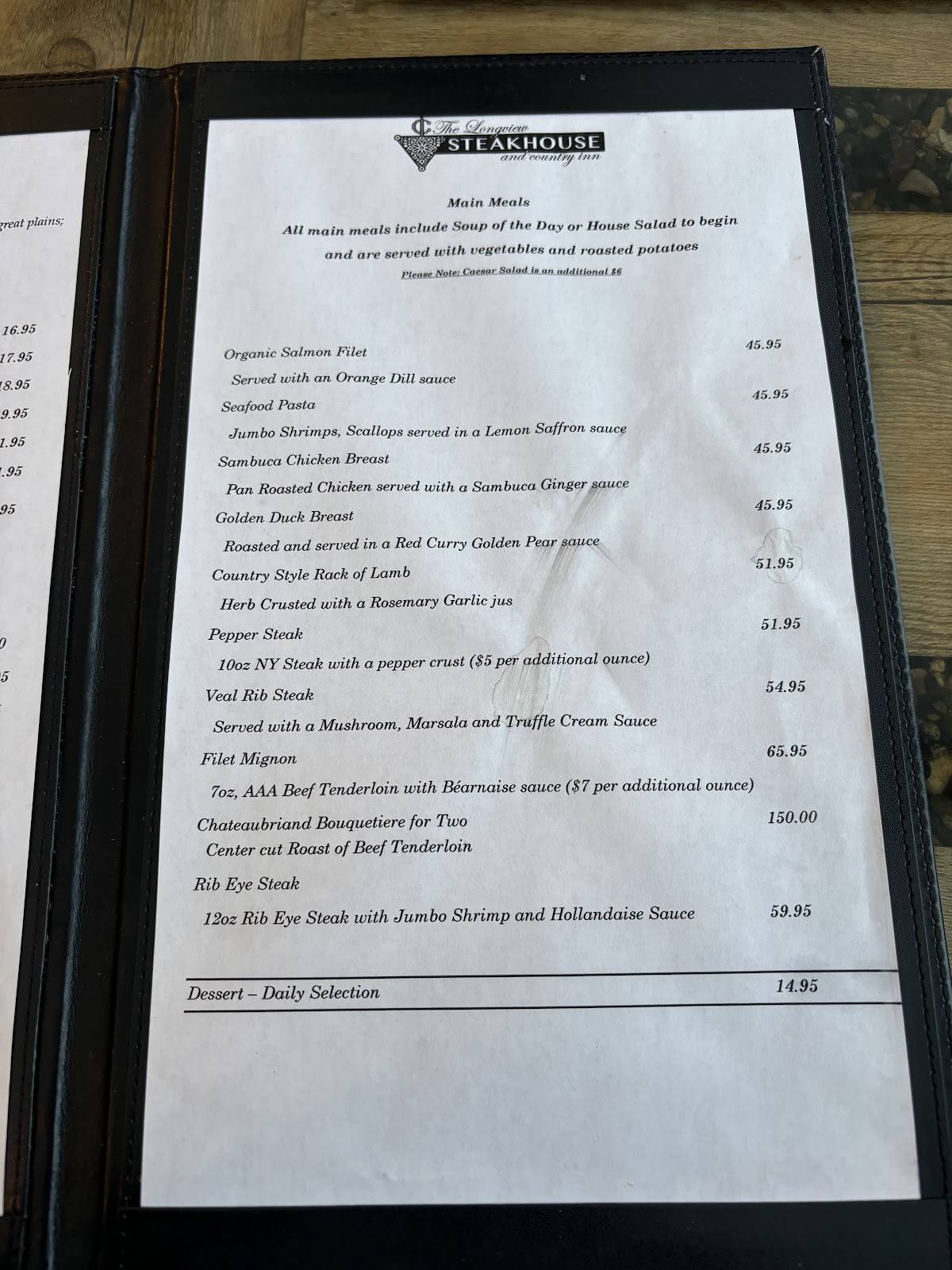Menu at Longview Steakhouse, Longview, Highway 22 West