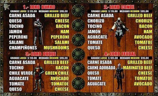 Carta del restaurante Lord Burro Medieval, Heroica Nogales
