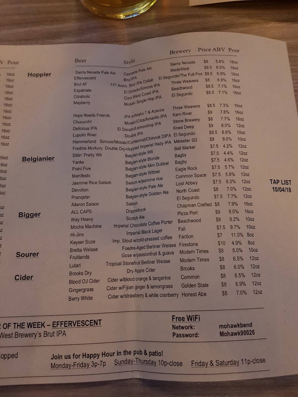 Menu at Mohawk Bend pub & bar, Los Angeles