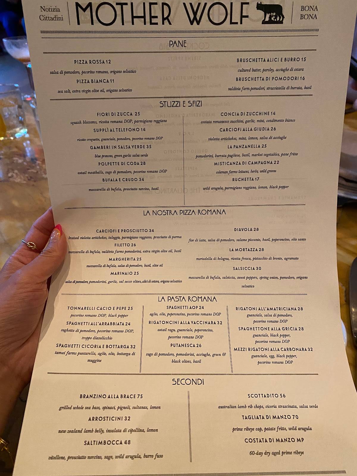 Menu at Mother Wolf restaurant, Los Angeles
