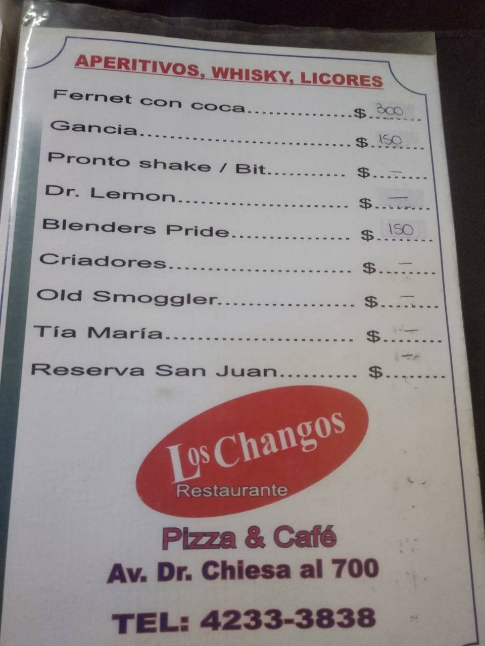 Carta del restaurante Los Changos, Longchamps