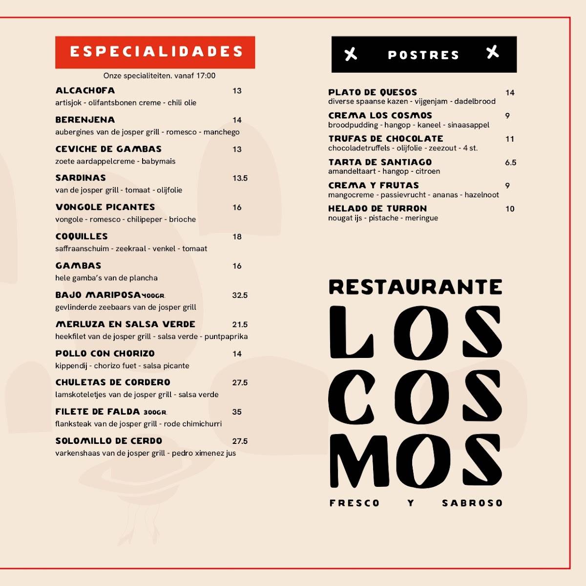 Menu at Los Cosmos restaurant, Leiden
