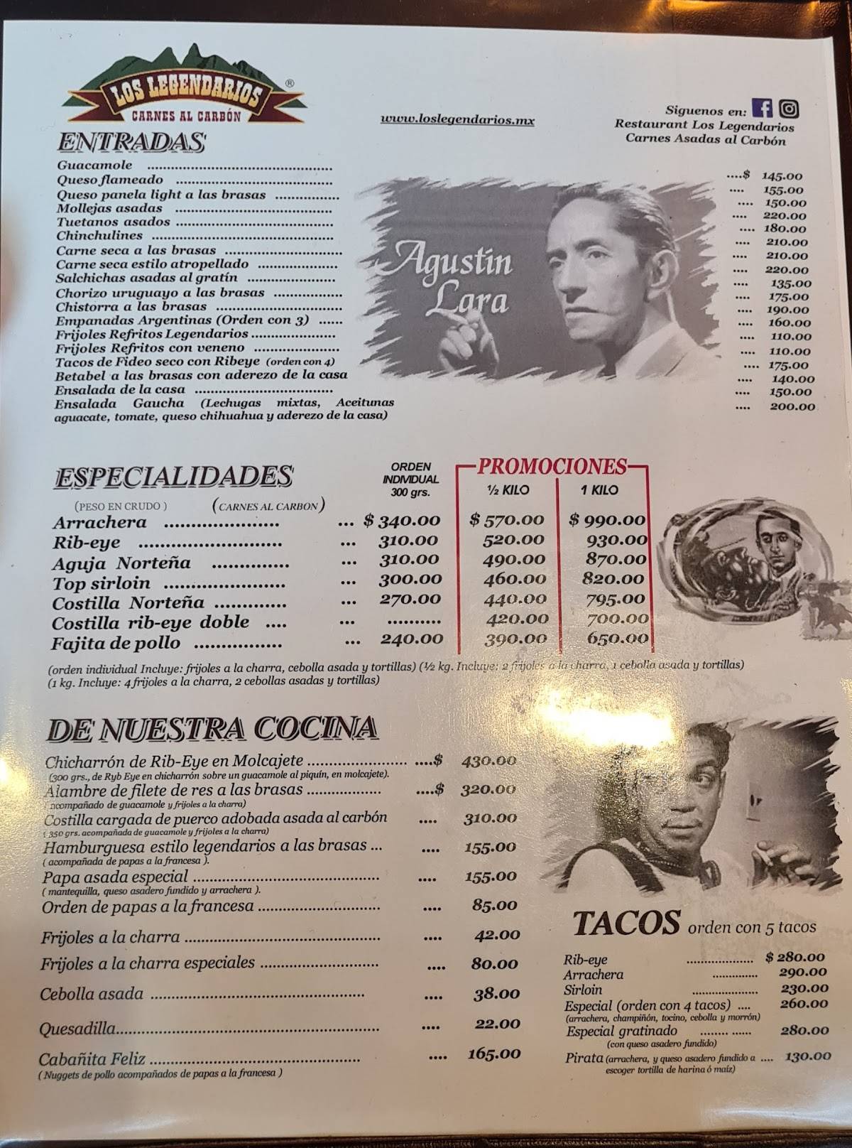 Carta del restaurante Los Legendarios Paseo del los Leones, Monterrey