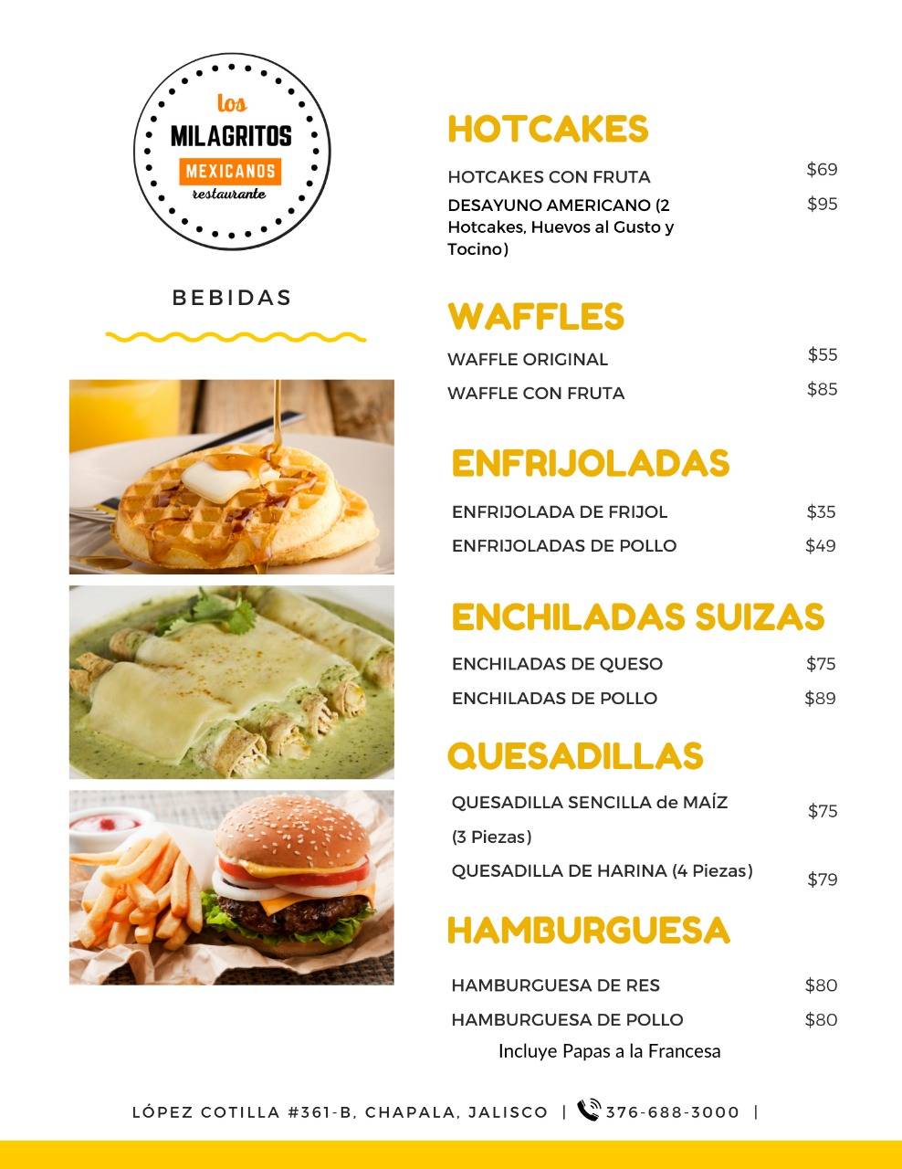Carta del restaurante Los Milagritos Mexicanos, Chapala