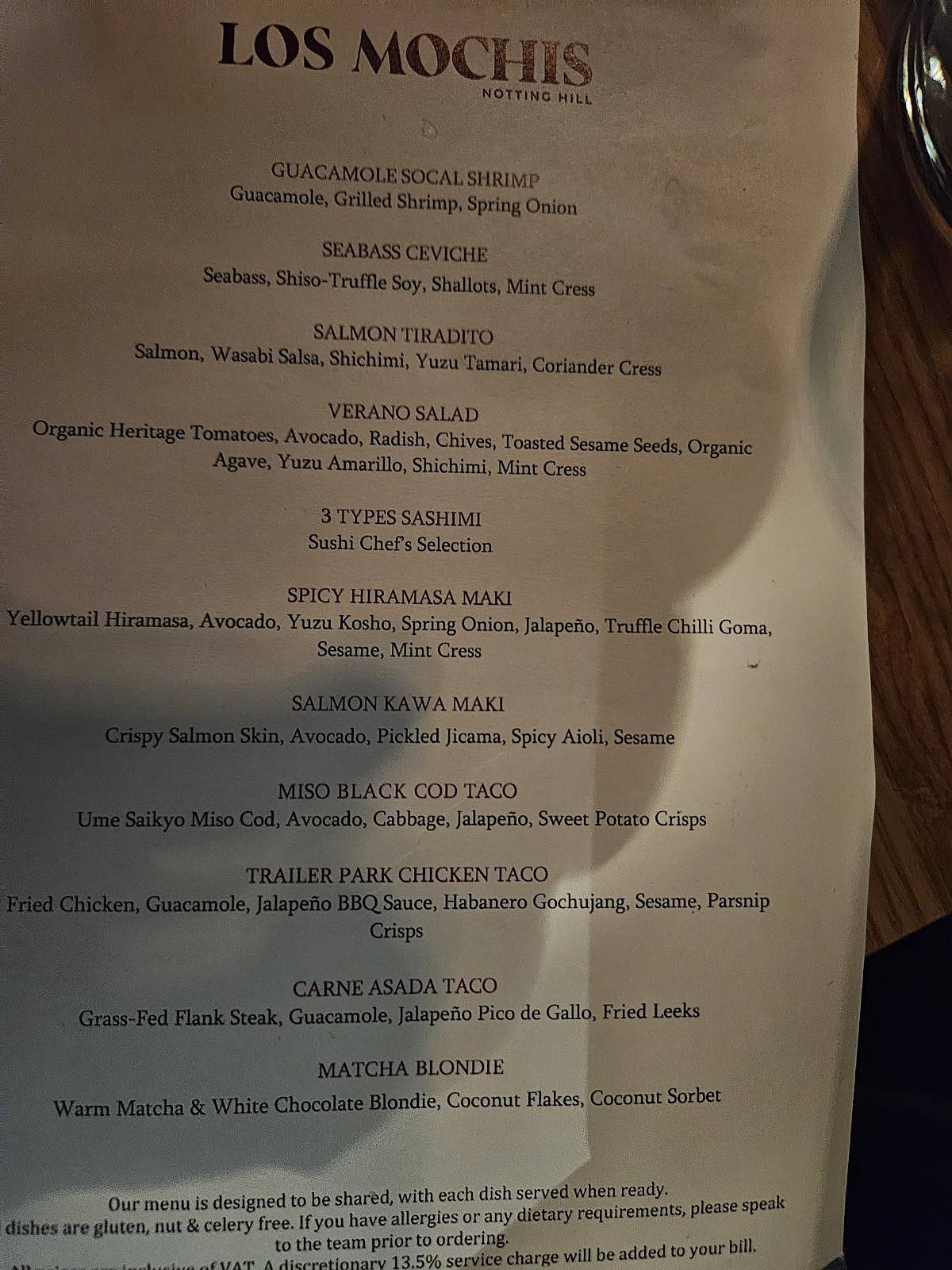 Menu at Los Mochis Notting Hill restaurant, London
