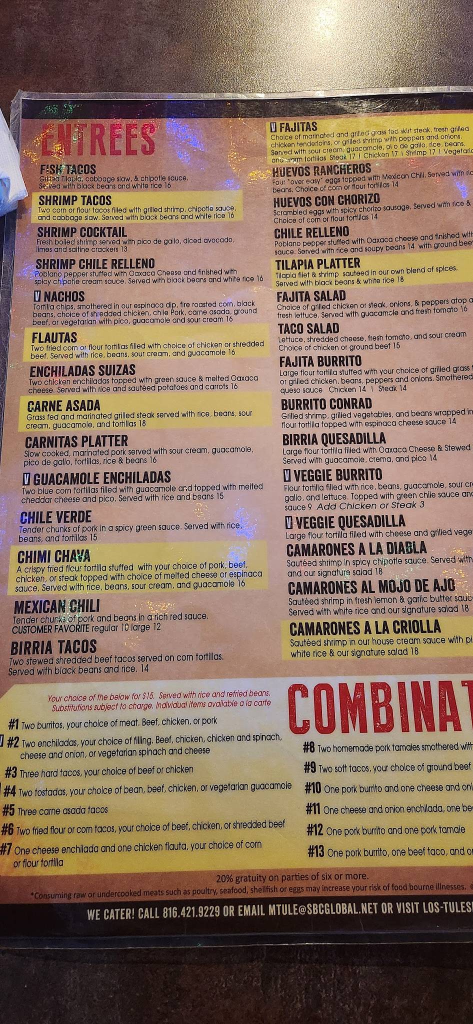 Menu at Los Tules restaurant, Kansas City, Broadway Blvd