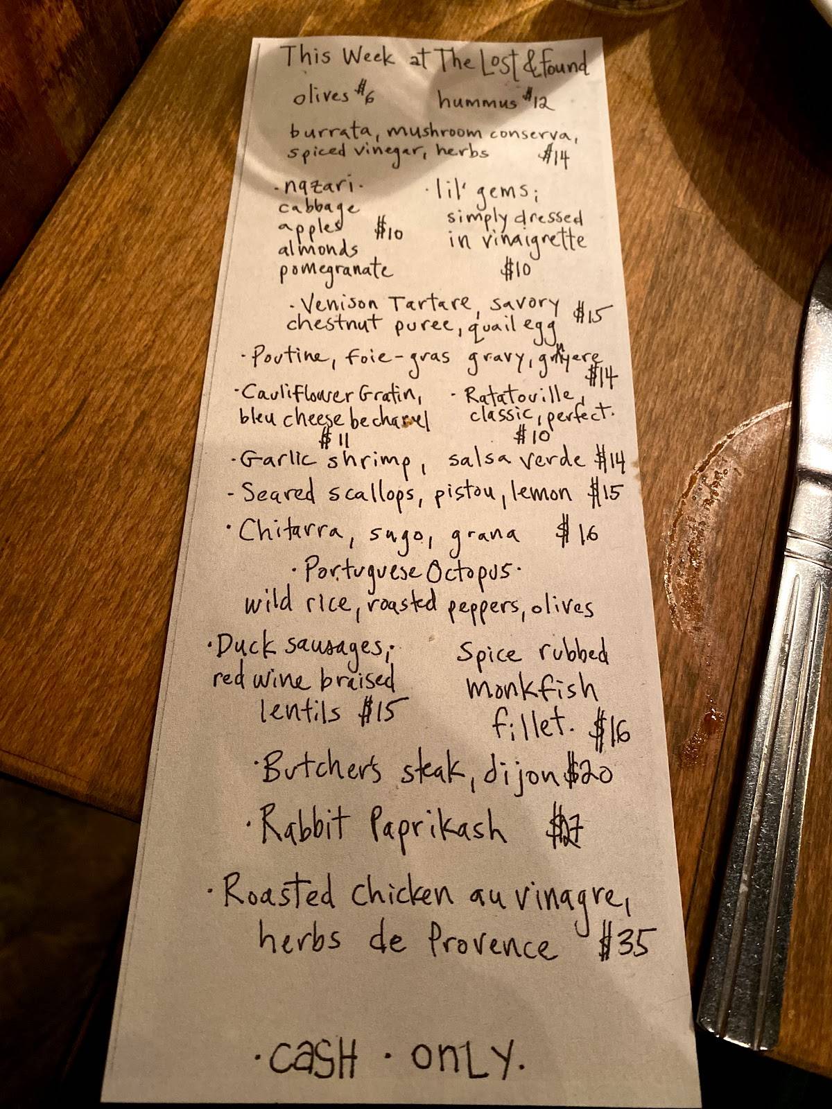 Menu at Lost And Found restaurant, Long Beach
