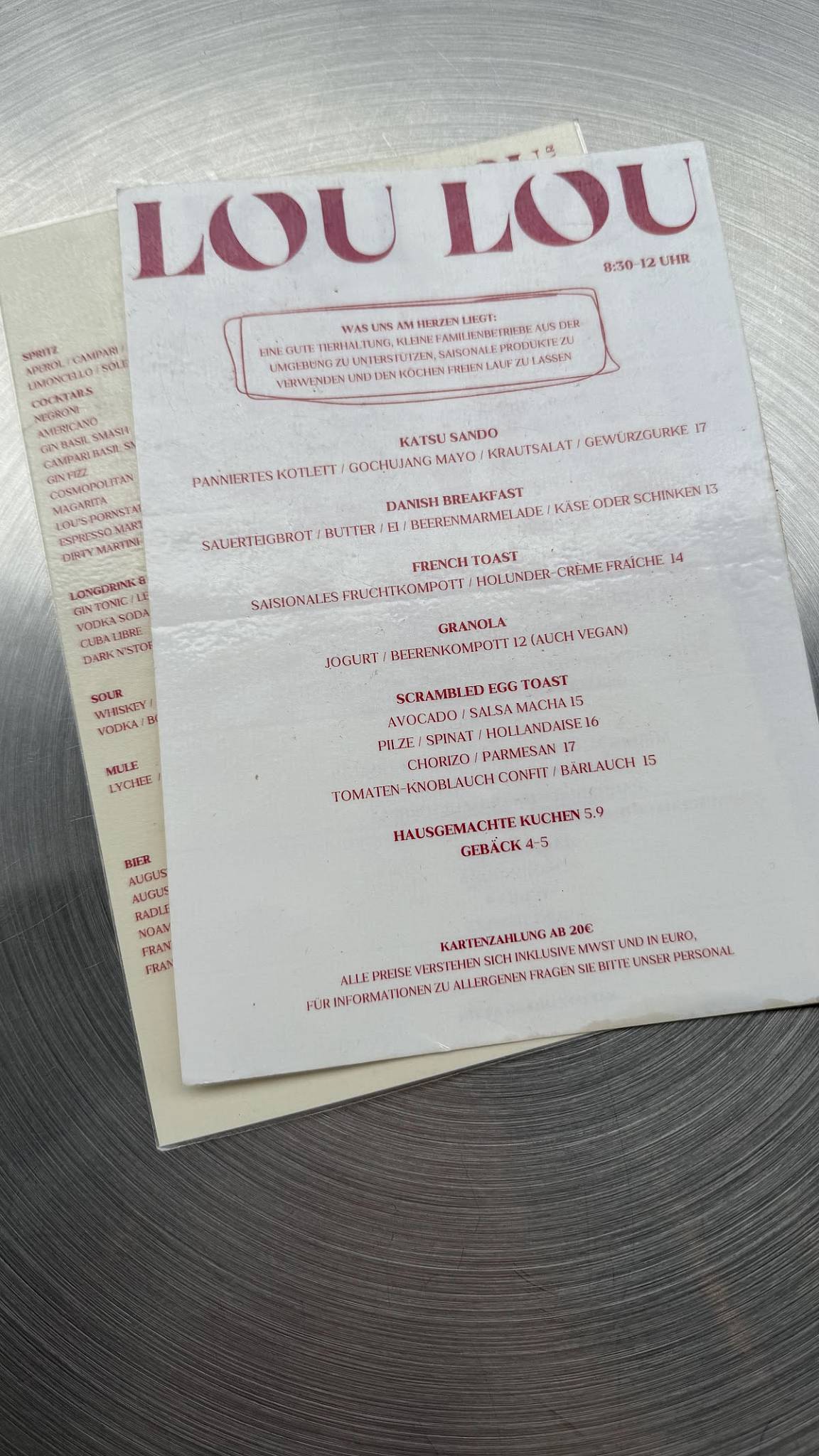 Menu au Lou Lou Tagesbar, Munich