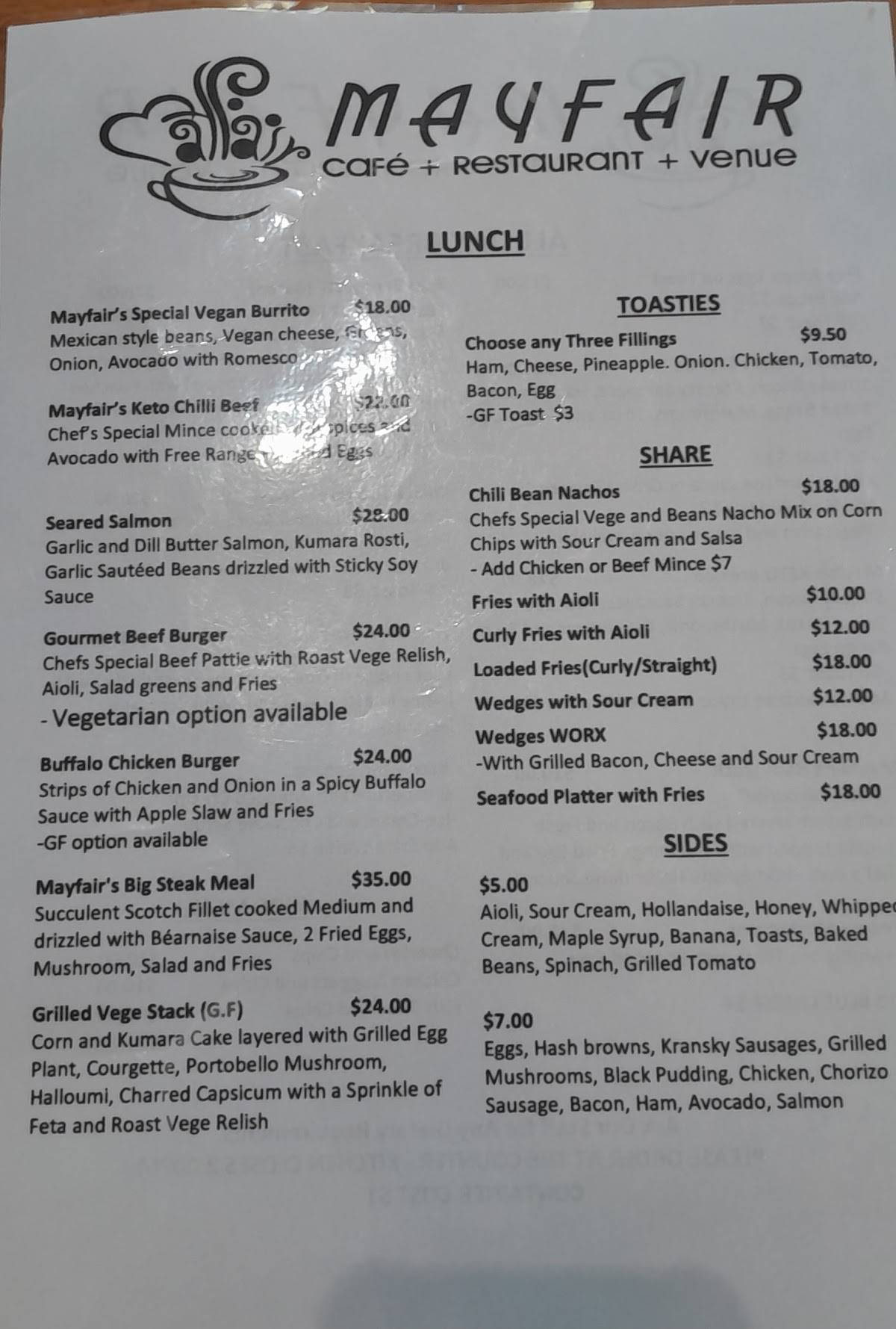Menu at Mayfair Cafe, Upper Hutt