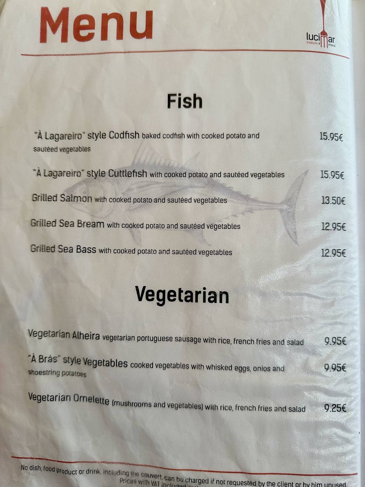 Menu at Lucimar restaurant, Lisbon, R. Francisco Tomás da Costa 28