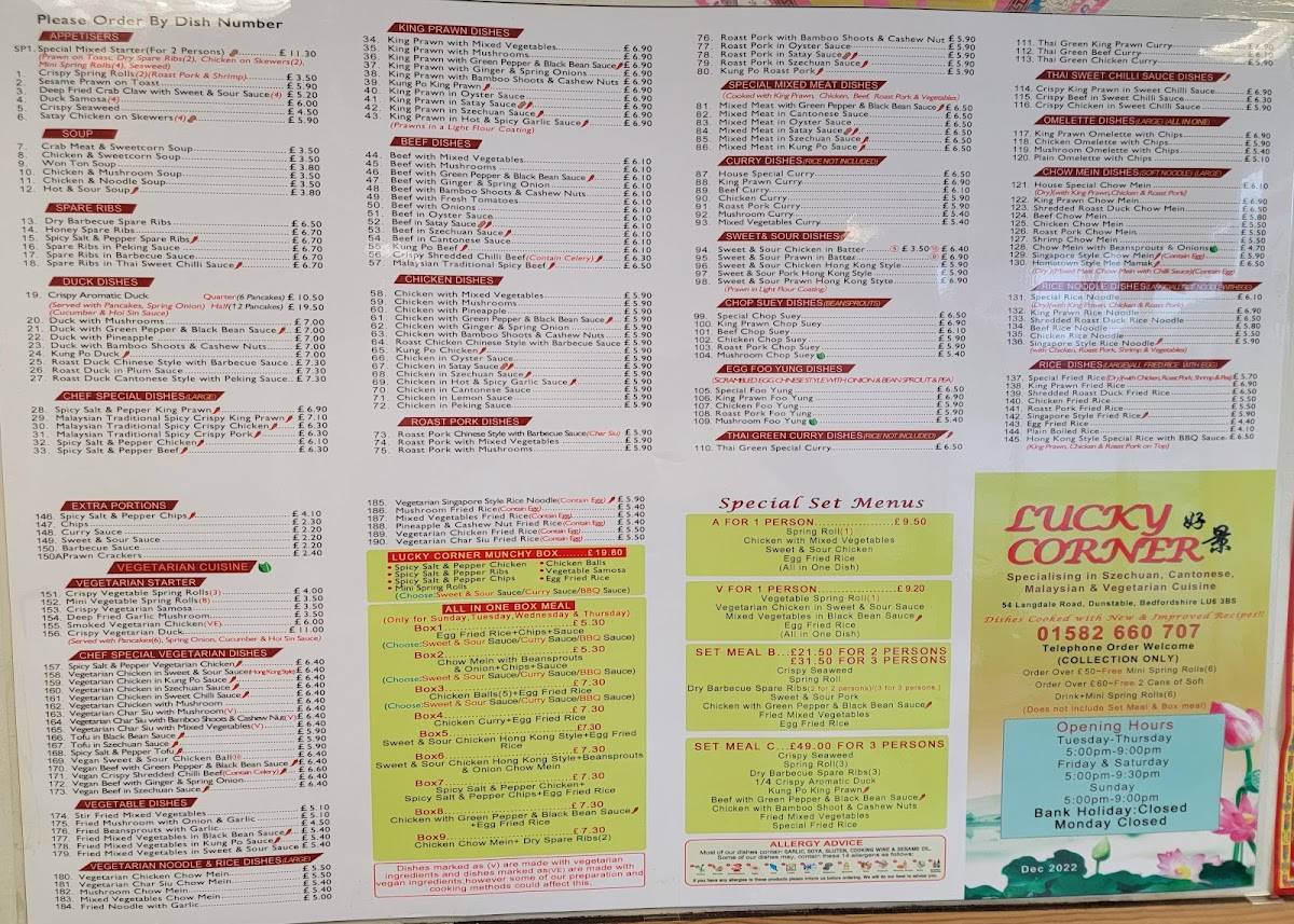 Menu at Lucky Corner restaurant, Dunstable