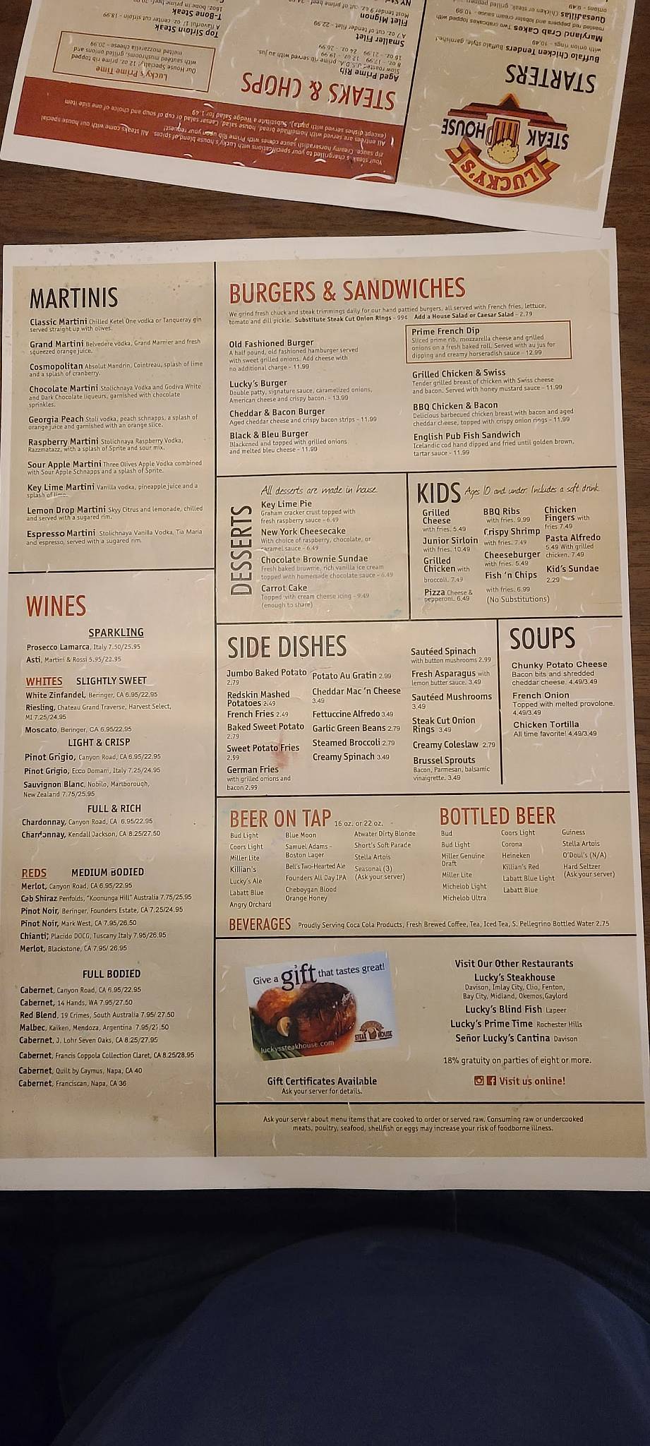 Menu at Lucky's Steakhouse, Fenton