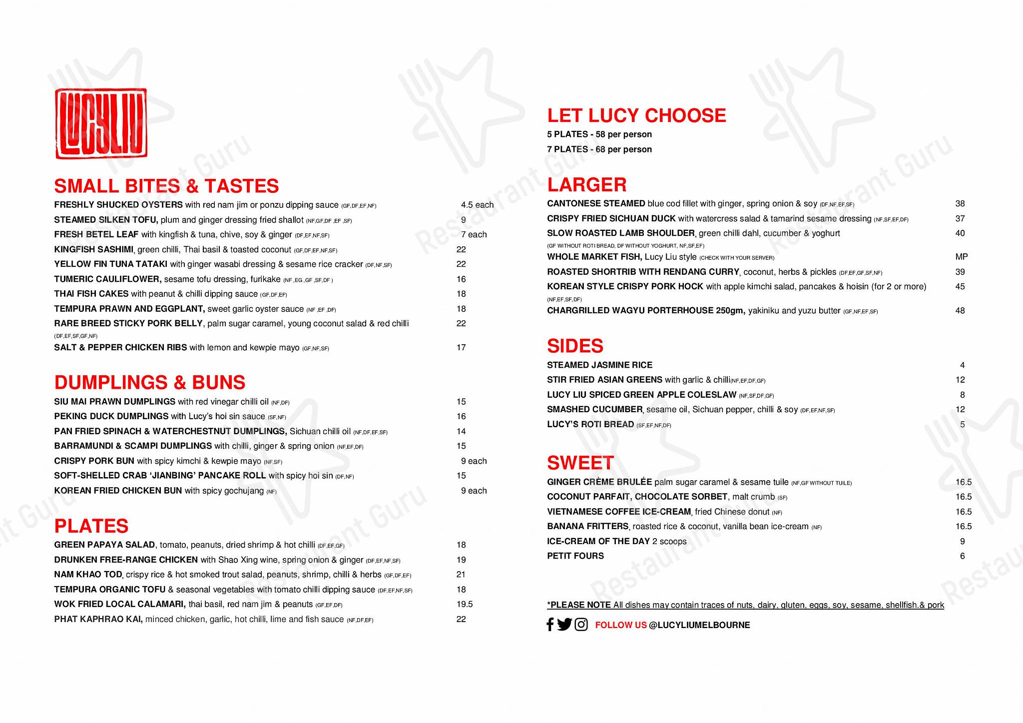 Carta de Lucy Liu Kitchen and Bar, Melbourne