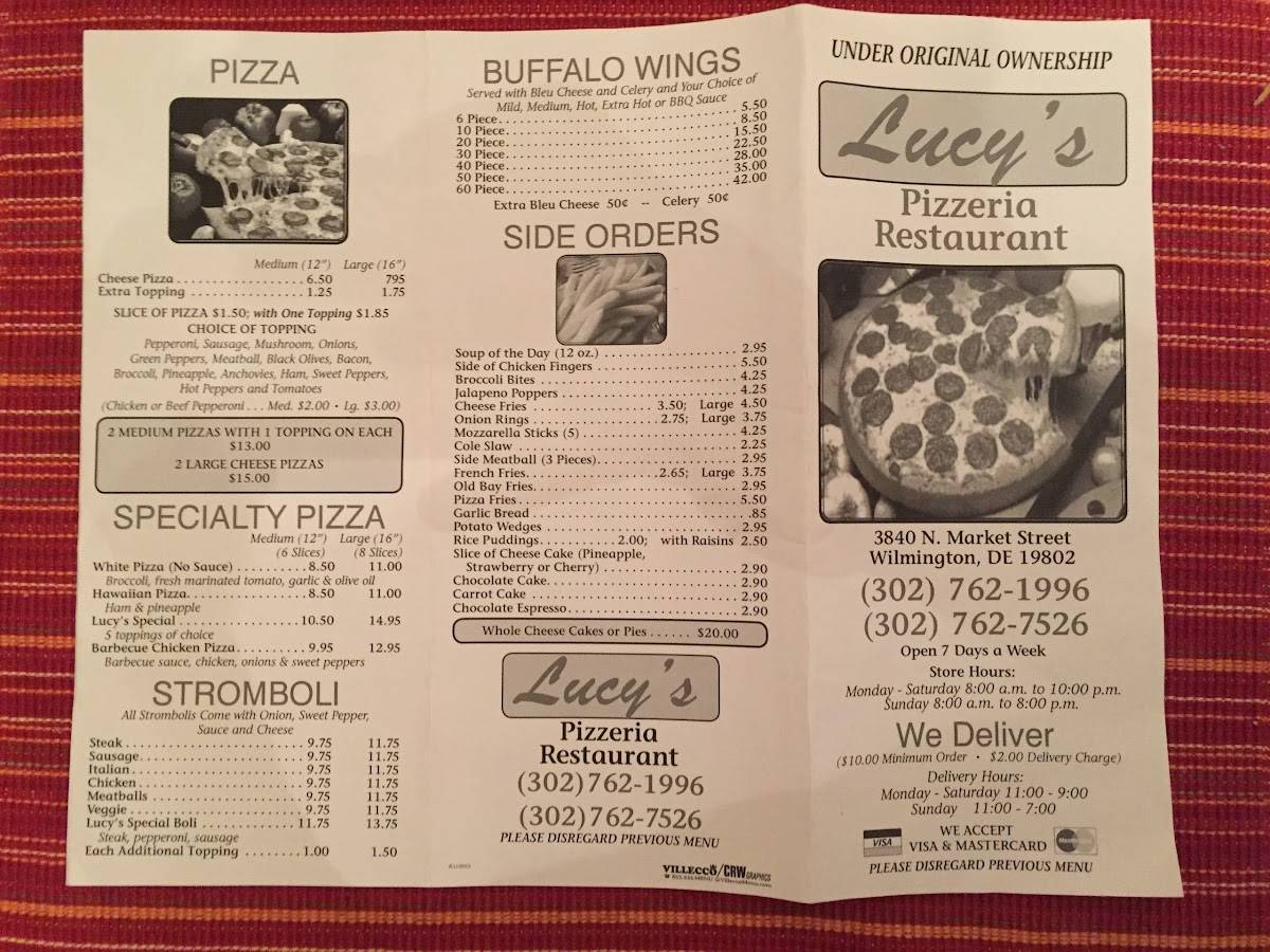 Menu at Lucy's Pizzeria & Bakery, Wilmington