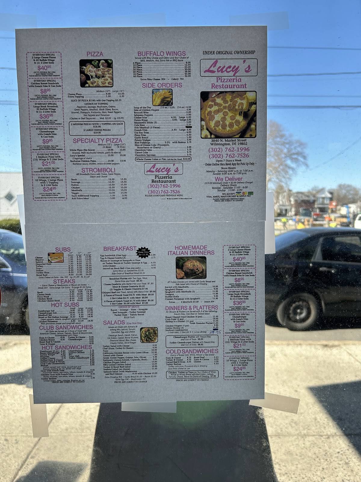 Menu at Lucy's Pizzeria & Bakery, Wilmington