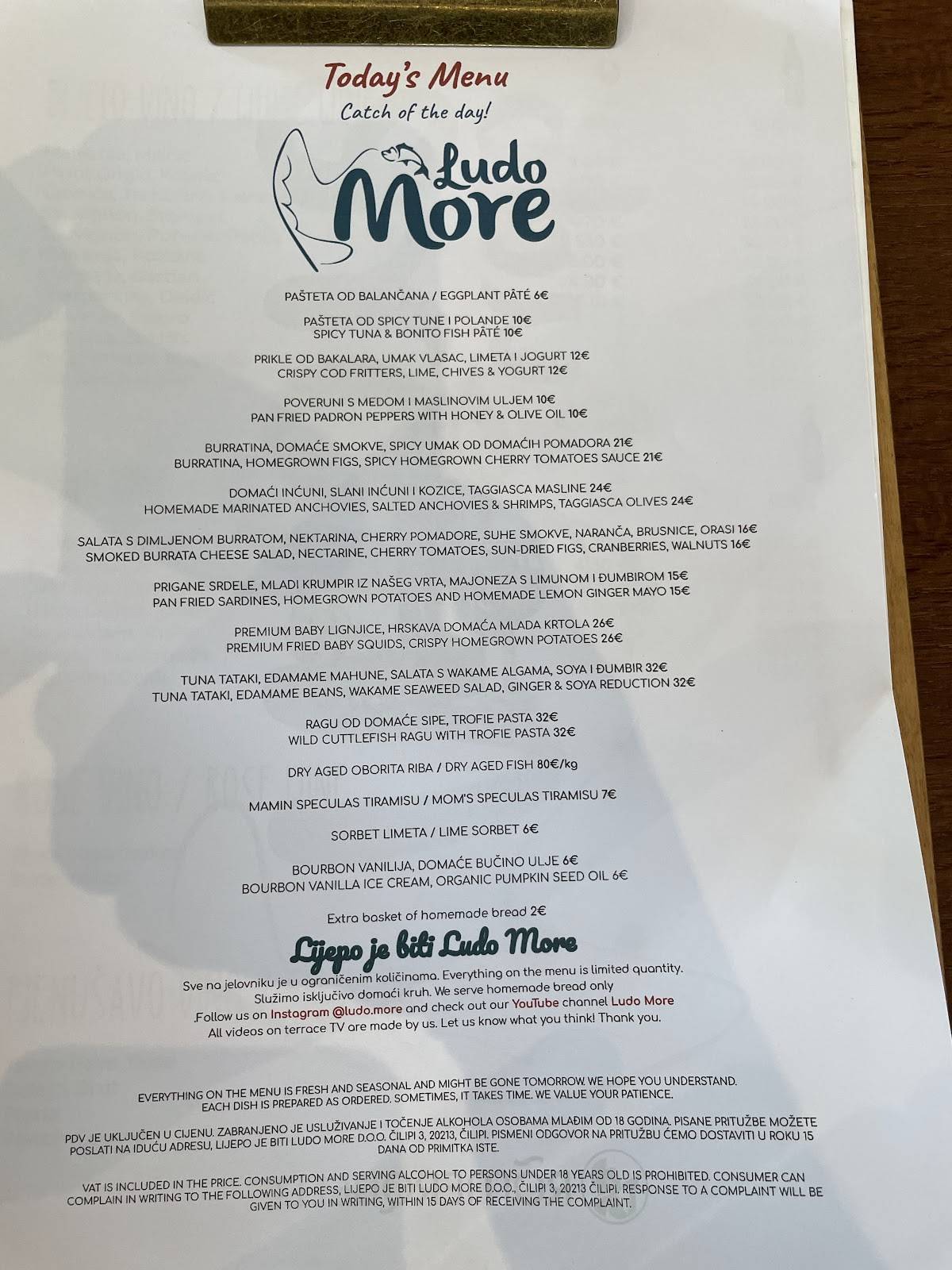 Menu at Ludo More restaurant, Cavtat