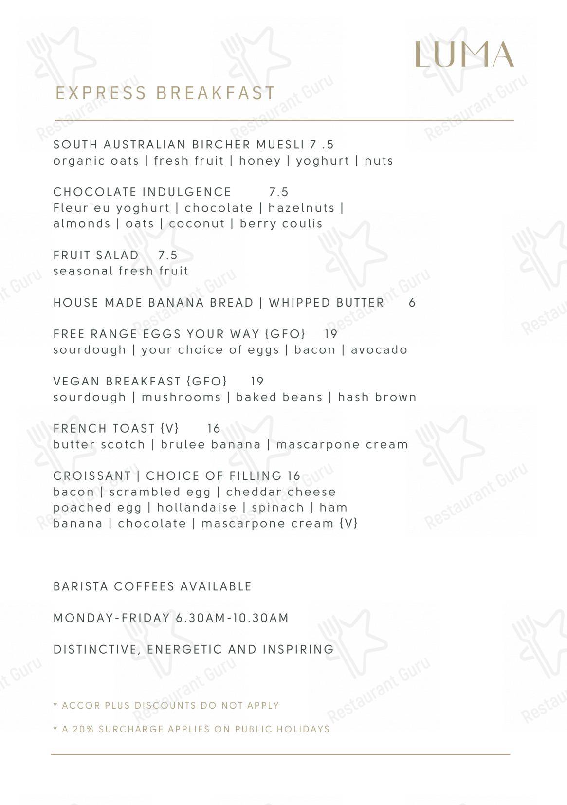 Menu at Luma Restaurant & Bar, Adelaide, 120 North Terrace