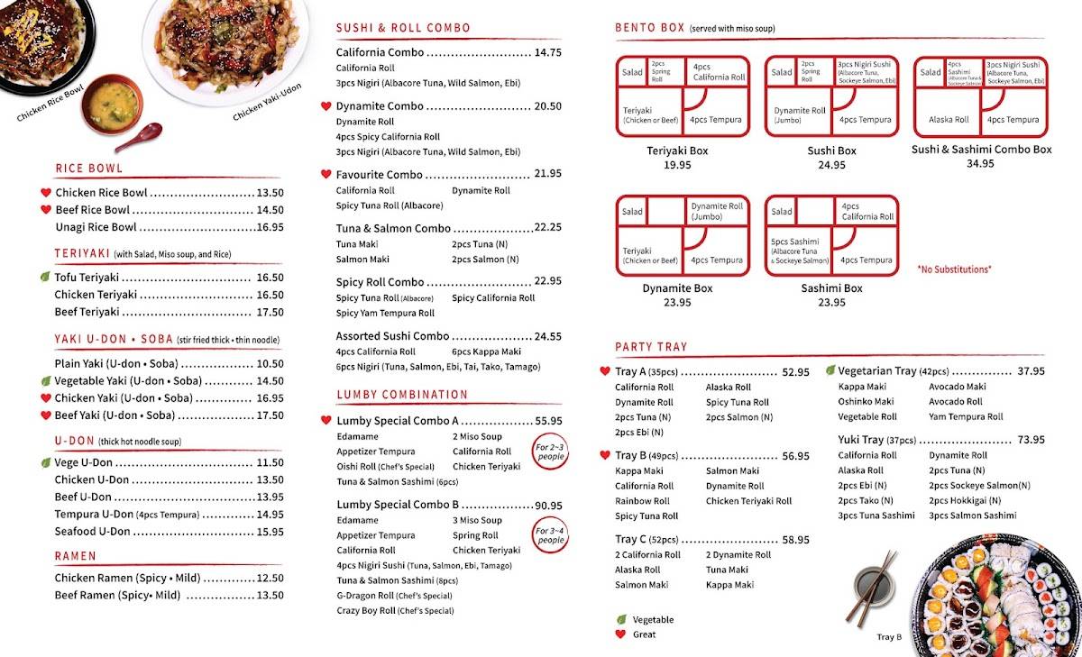 Menu at Yuki Sushi restaurant, Lumby