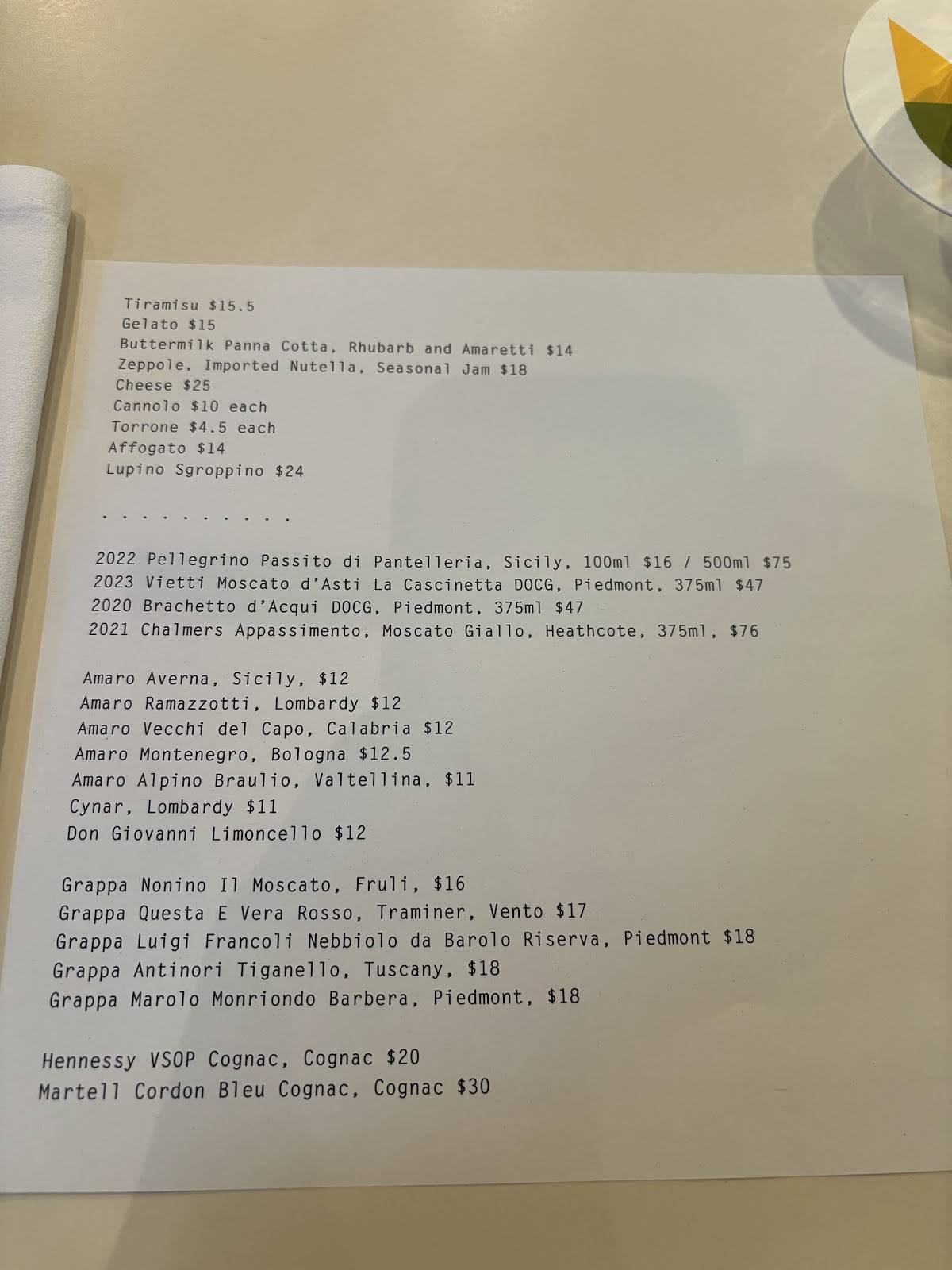 Menu at Lupino restaurant, Melbourne