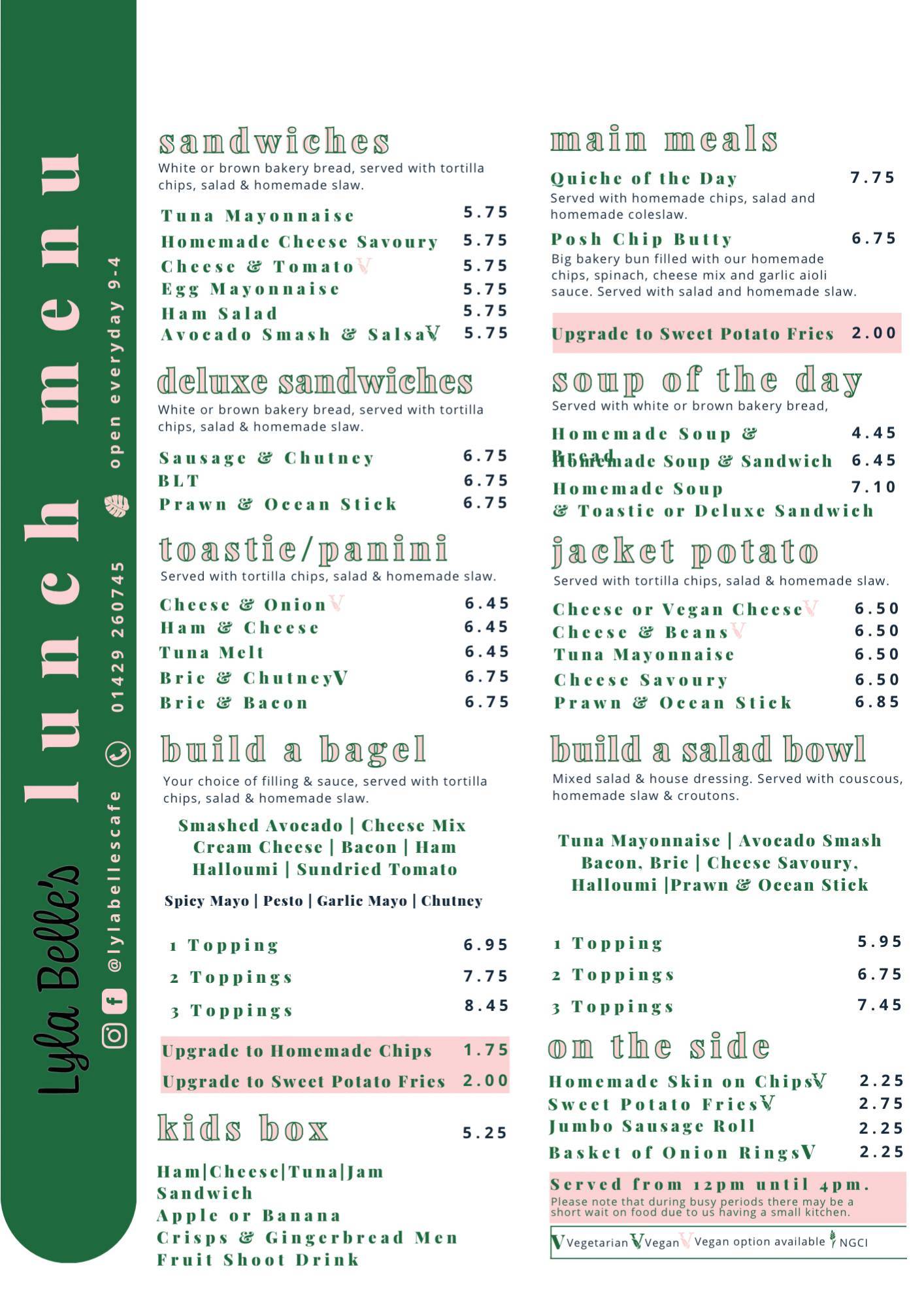 Menu at Lyla Belle's Cafe, Hartlepool