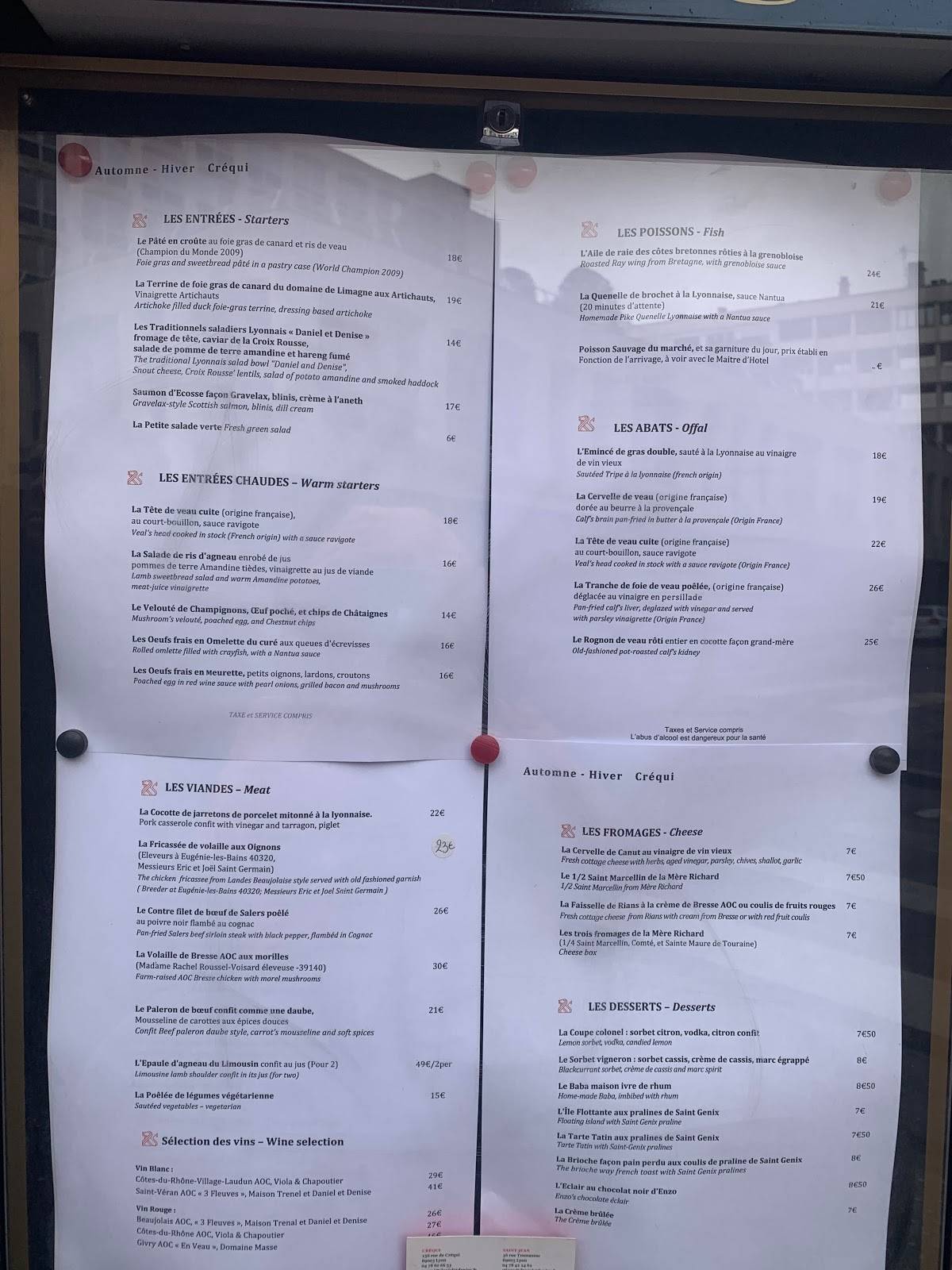 Menu au Daniel et Denise Créqui restaurant, Lyon