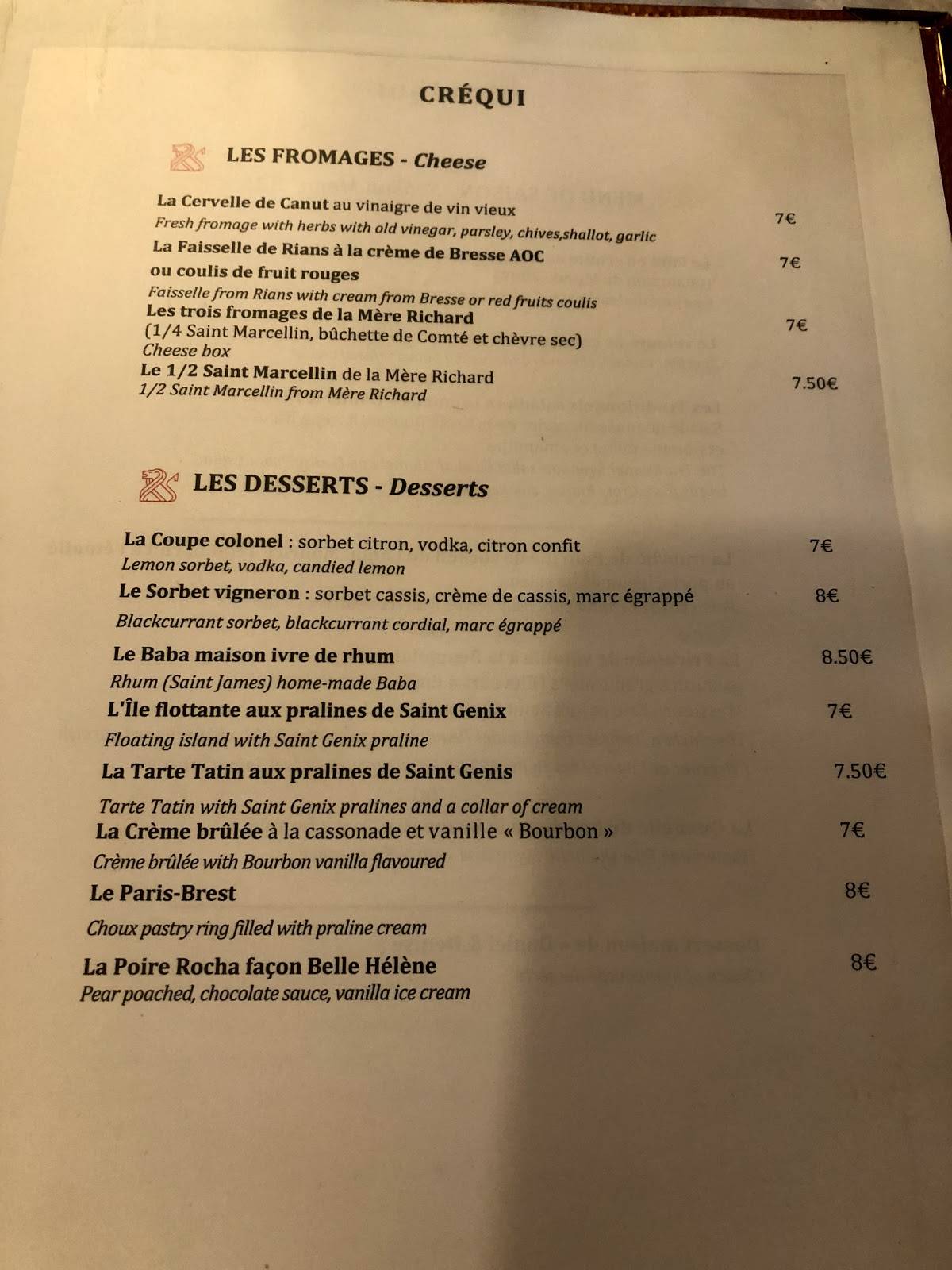 Menu au Daniel et Denise Créqui restaurant, Lyon