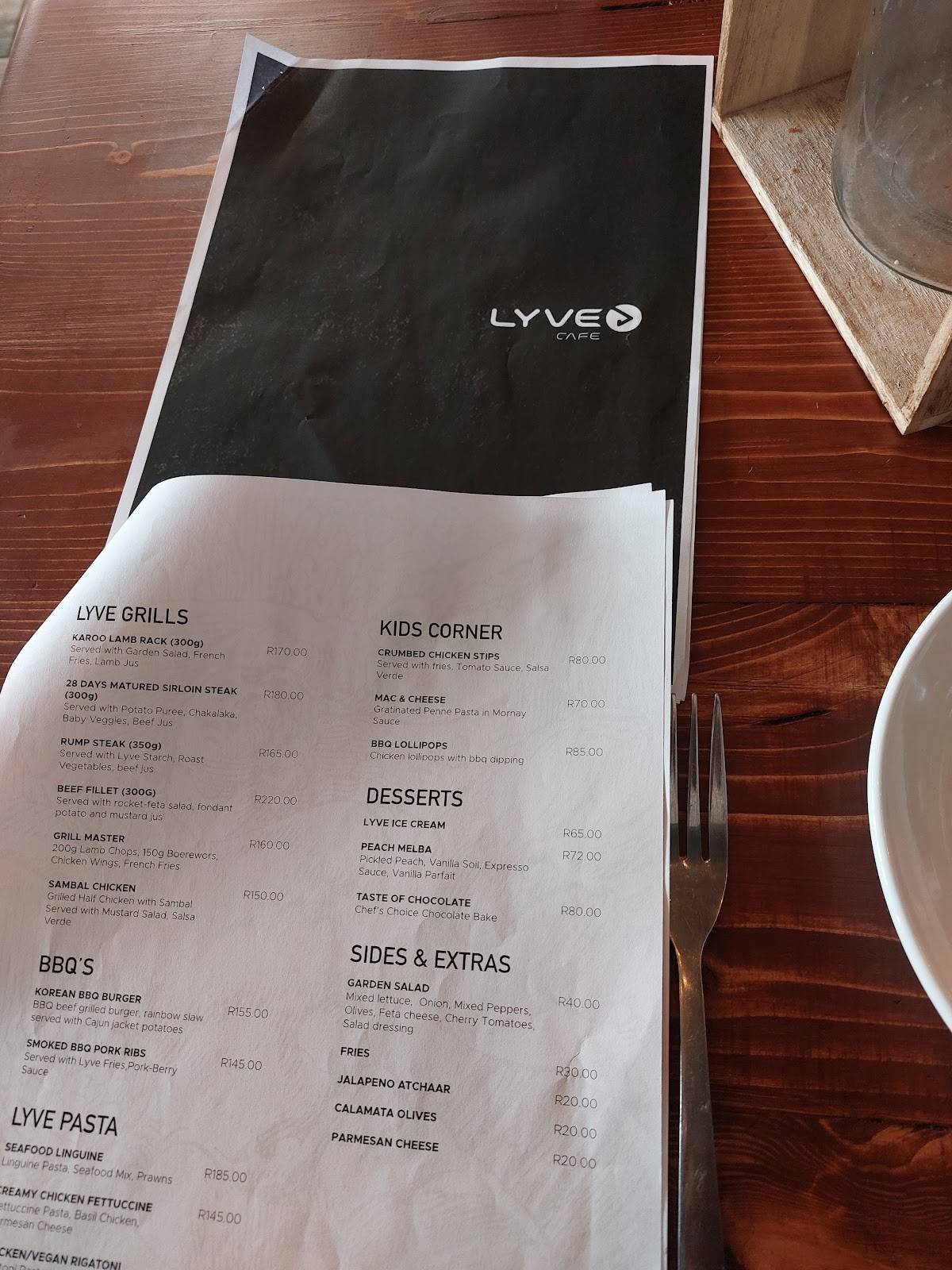 Menu at Lyve Cafe, Kimberley