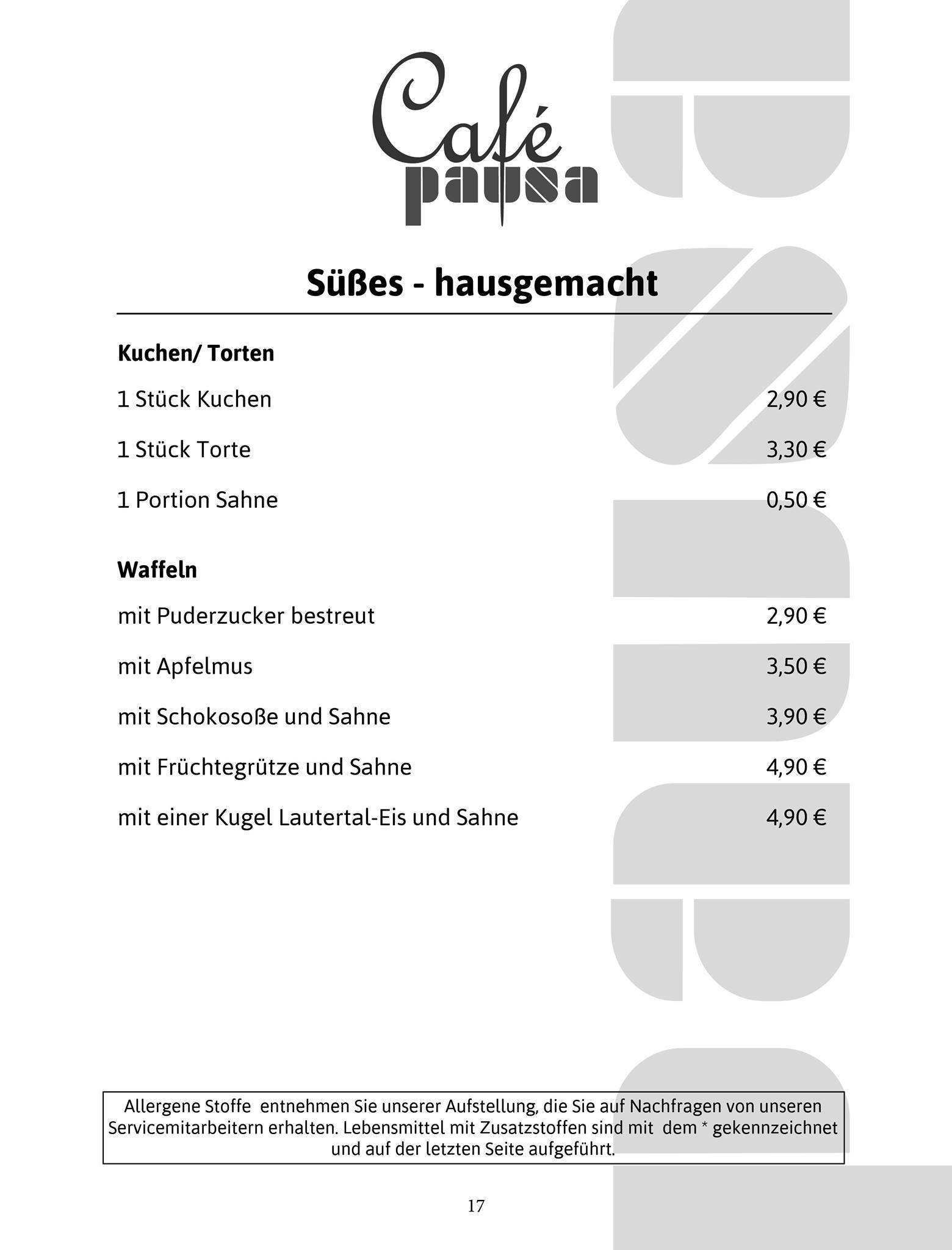 Speisekarte von Café Pausa cafe, Mössingen