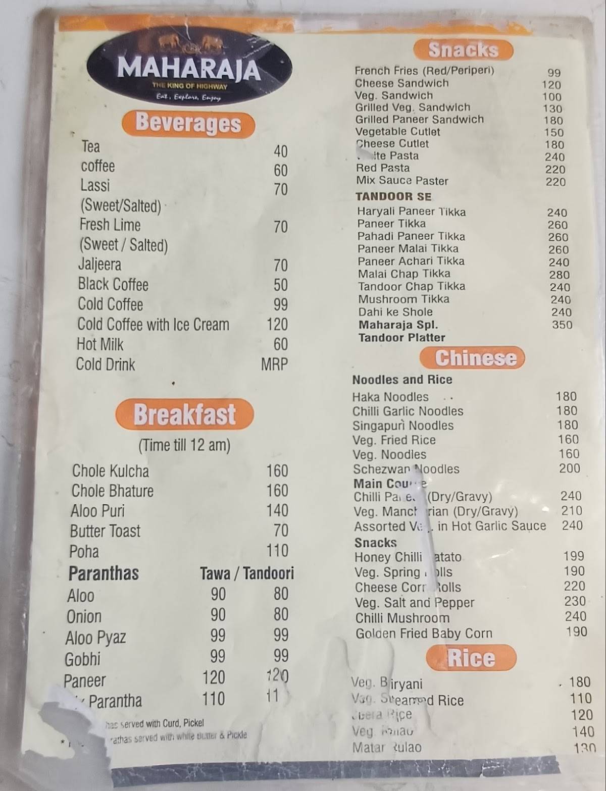 Menu at MAHARAJA THE KING OF HIGHWAY, India