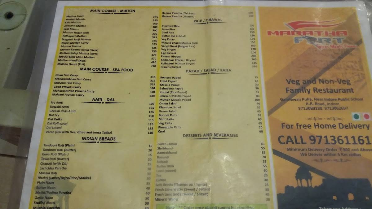 Menu at MARATHA FORT VEG & NON-VEG FAMILY RESTAURANT, Indore