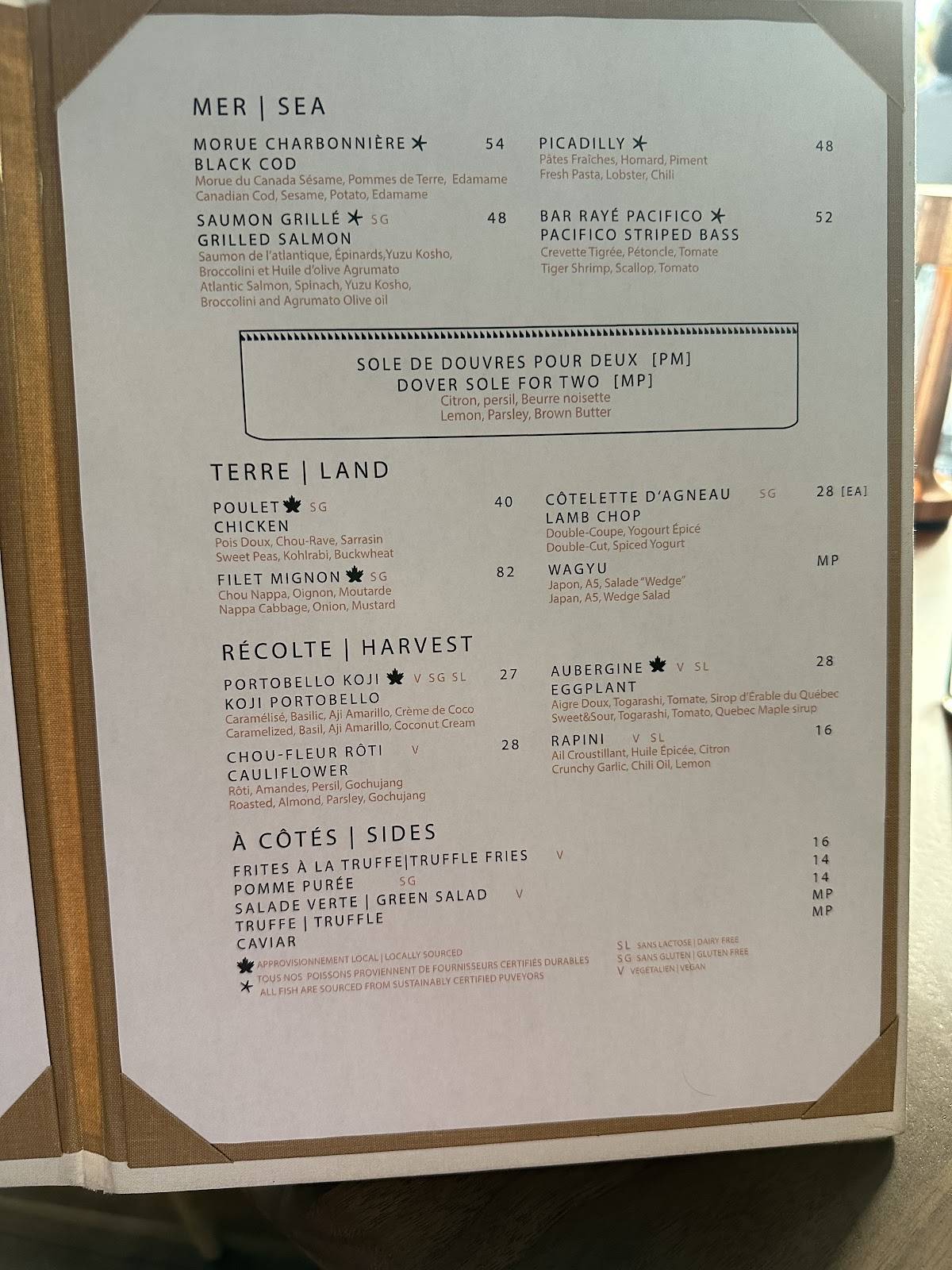 Menu au MARCUS Restaurant + Lounge, Montréal