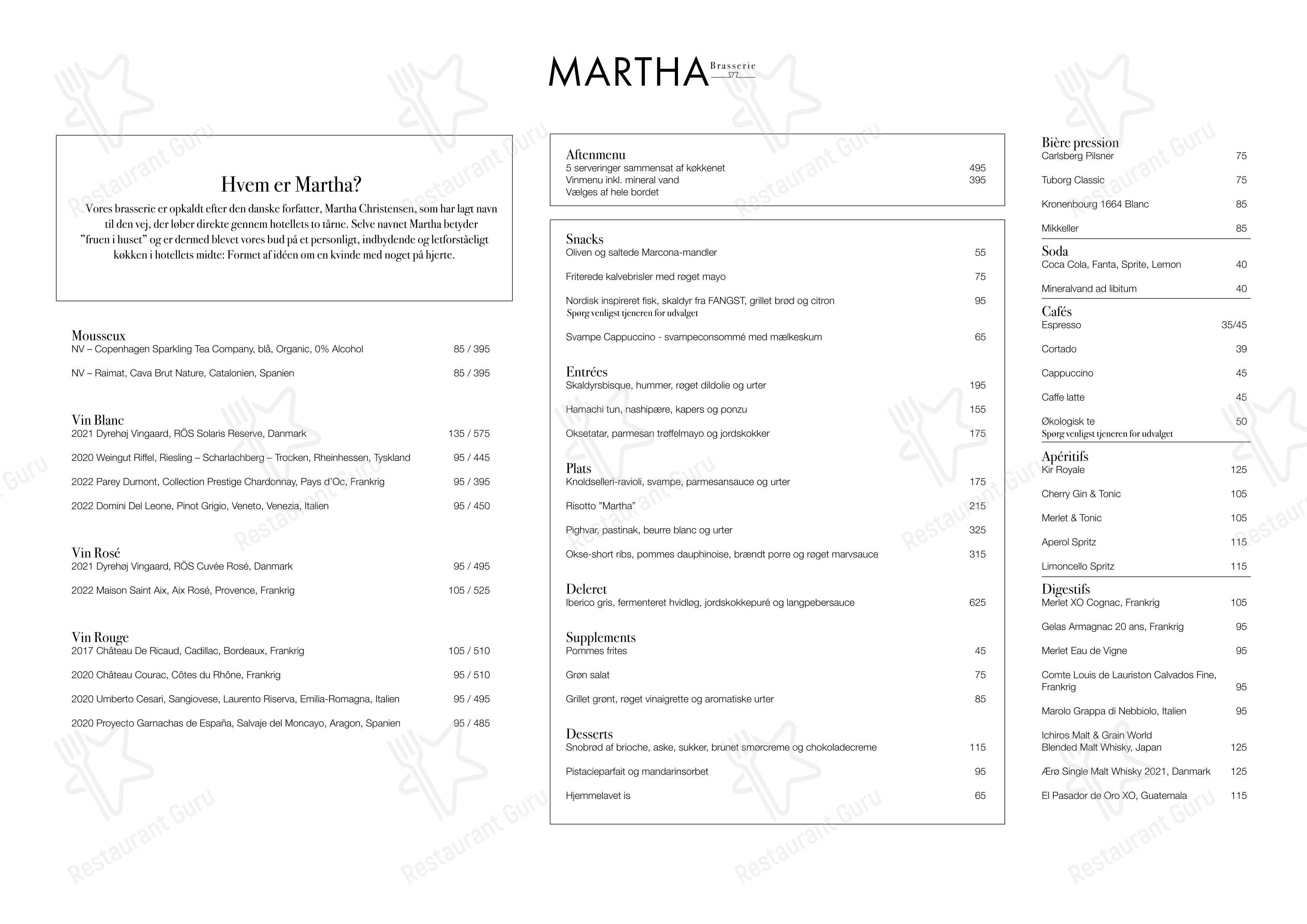 Menu at MARTHA Brasserie restaurant, Copenhagen
