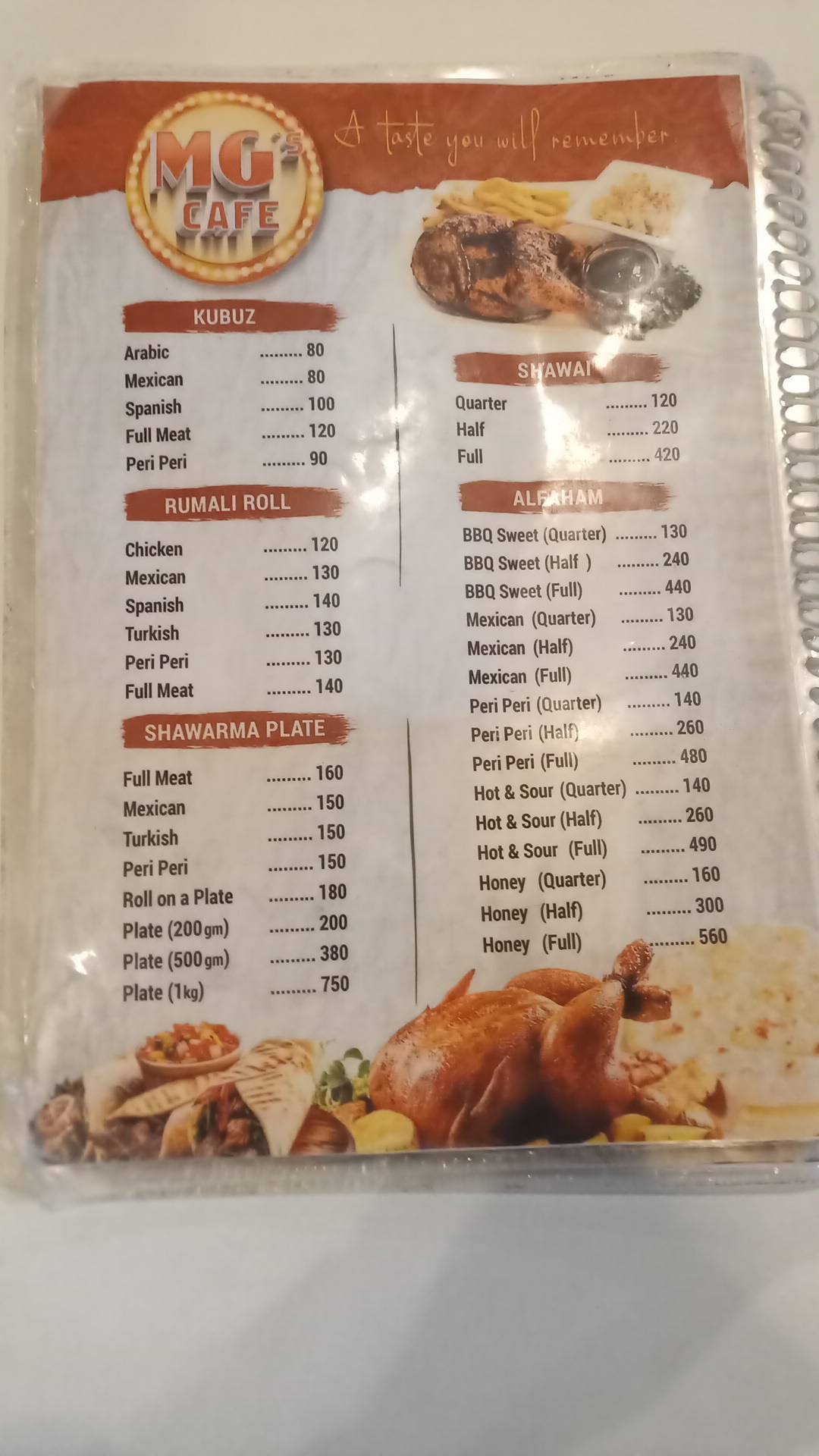 Menu at MG's CAFE, Kanjiramkulam