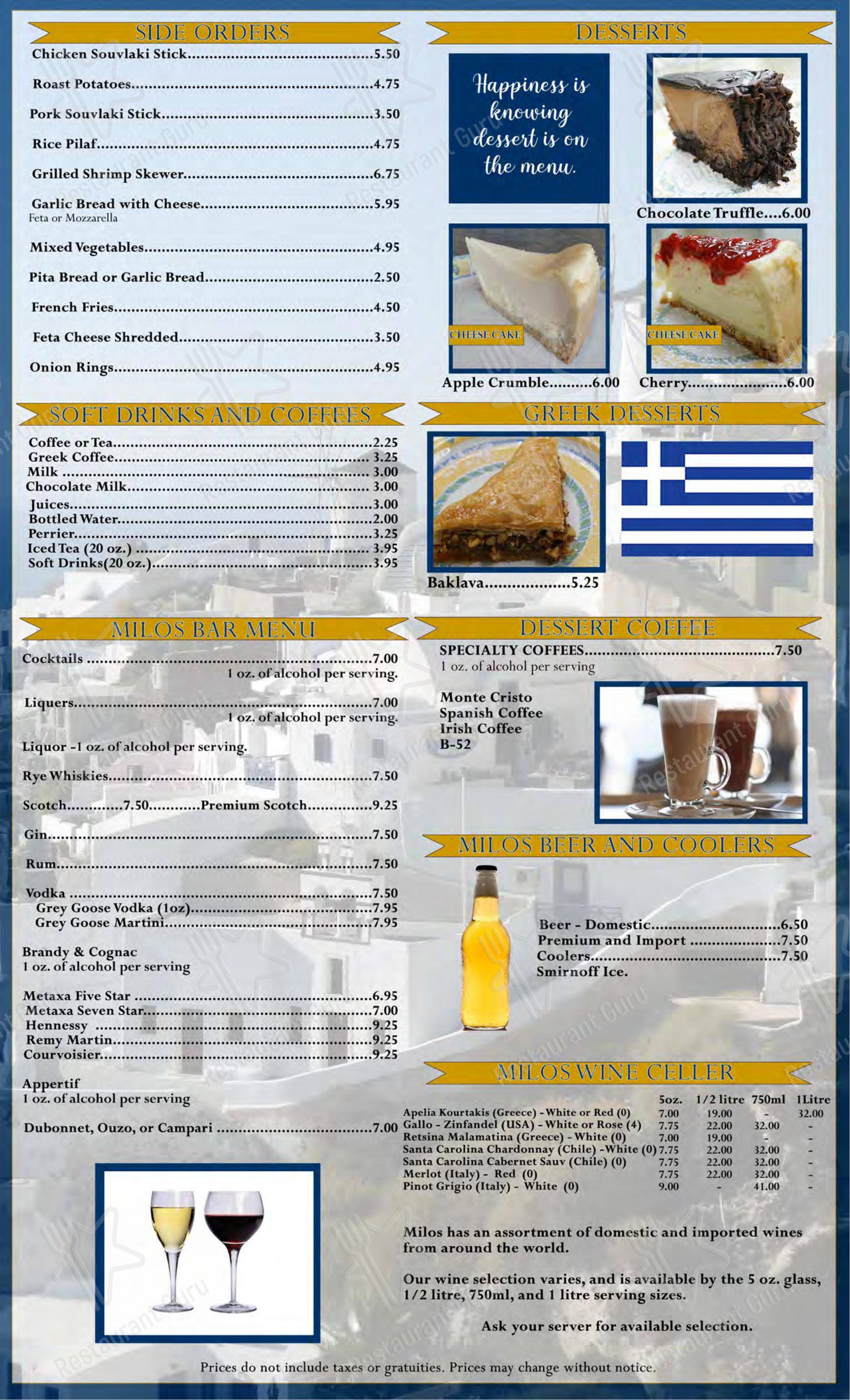 Carta de MILOS GREEK RESTAURANT, Pickering