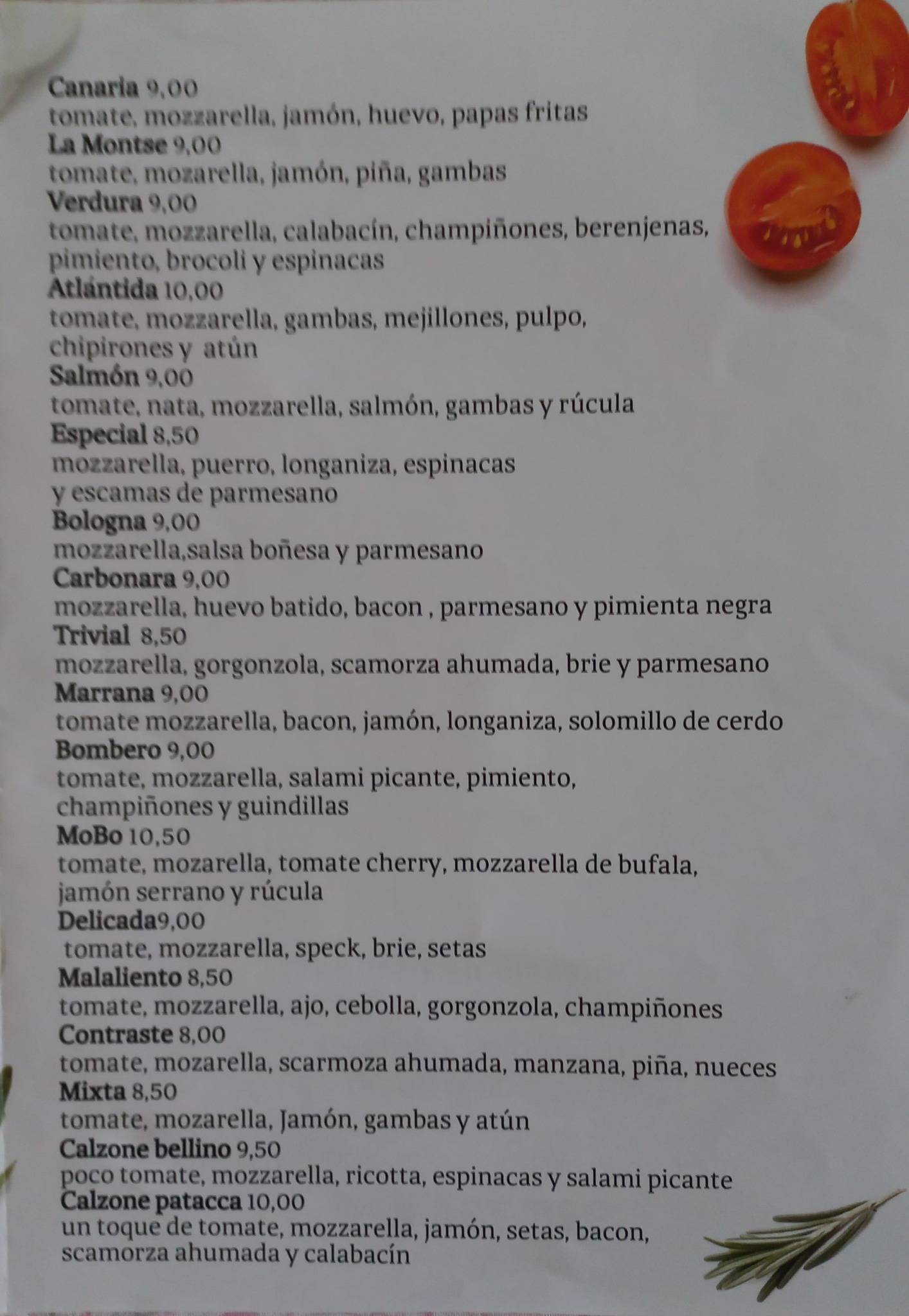 Carta de MoBo Trattoría Pizzería, Las Majoreras