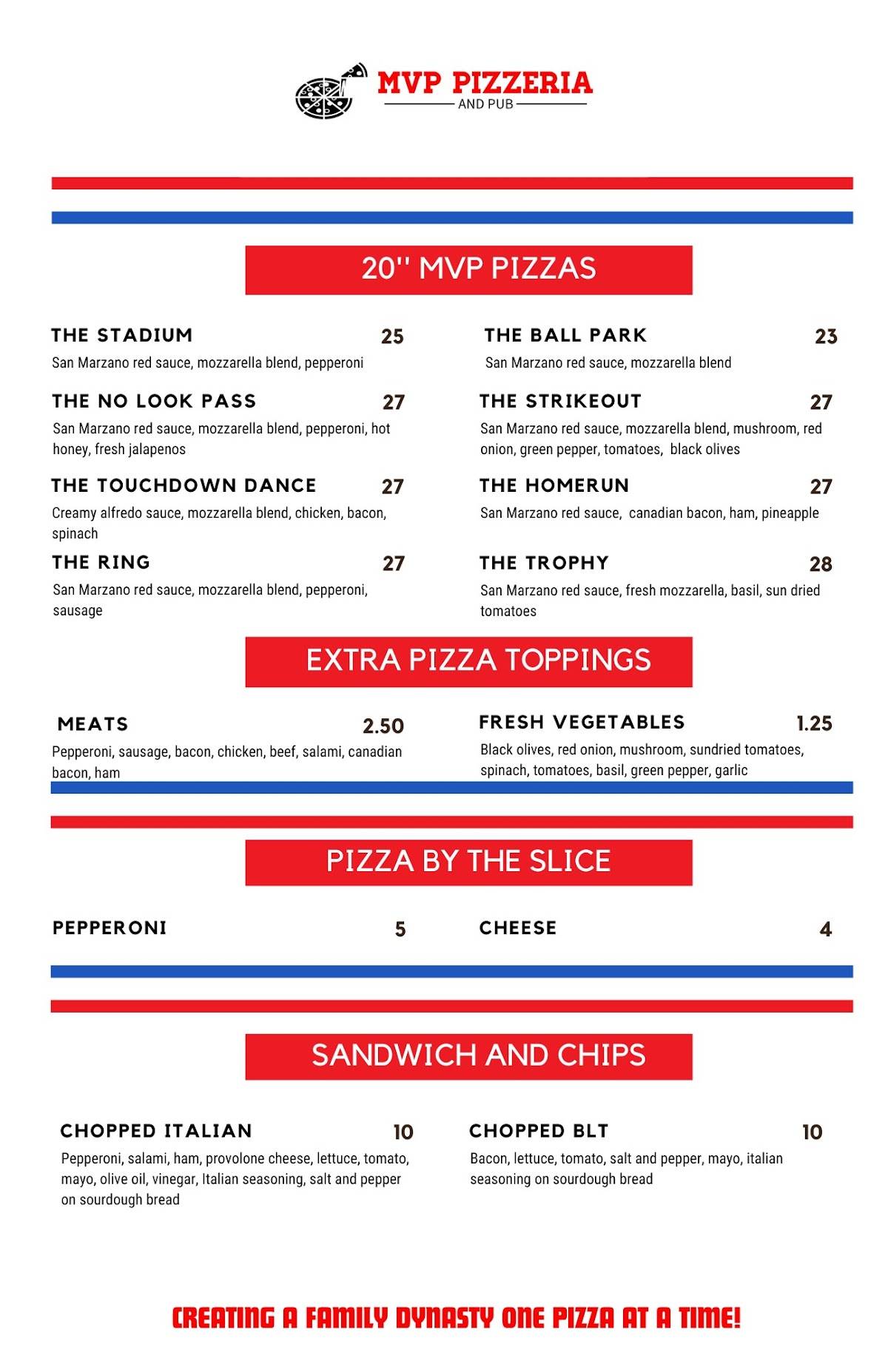 Menu at MVP Pizzeria and Pub, Northmoor