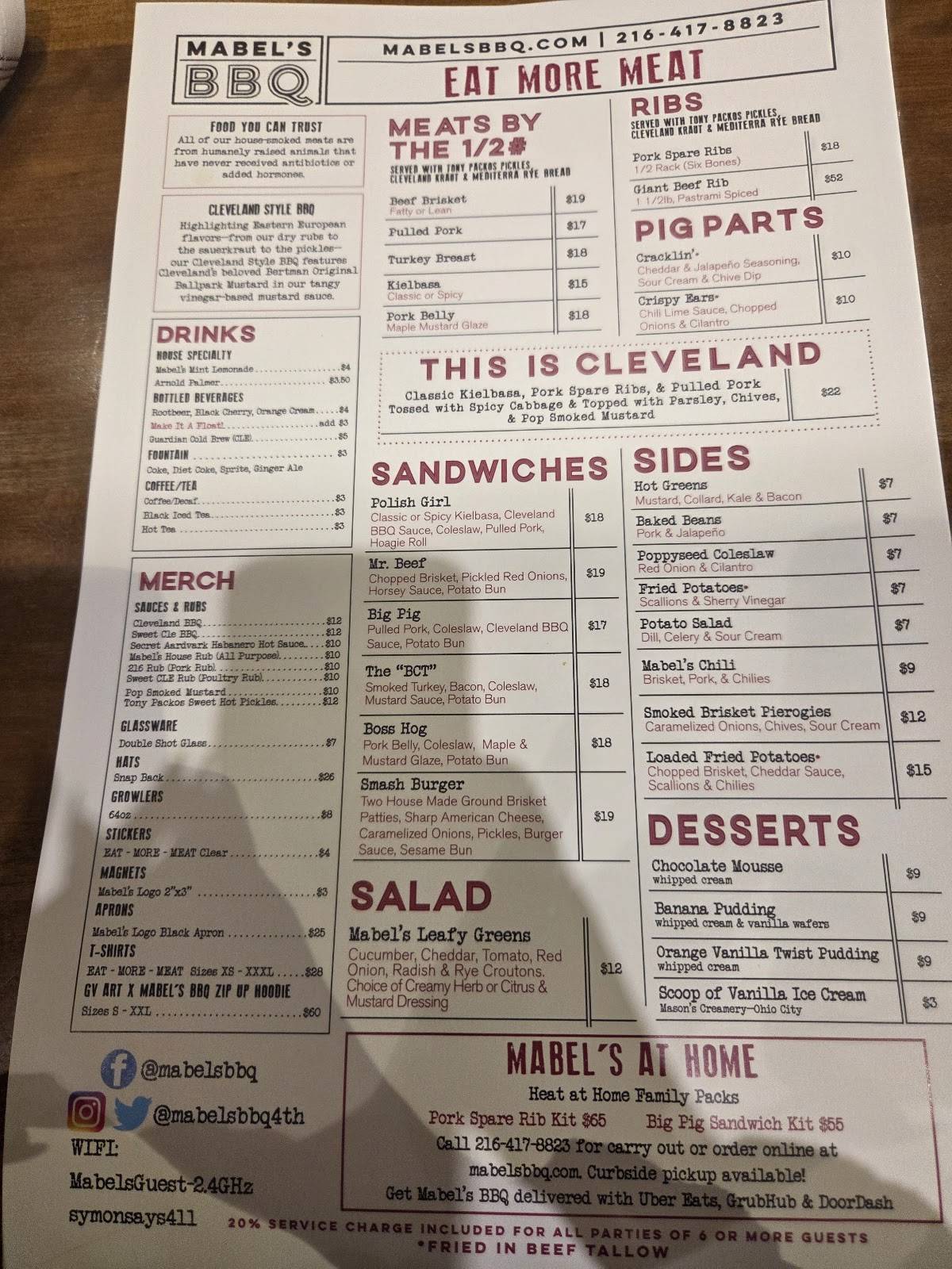 Menu at Mabel's BBQ, Cleveland