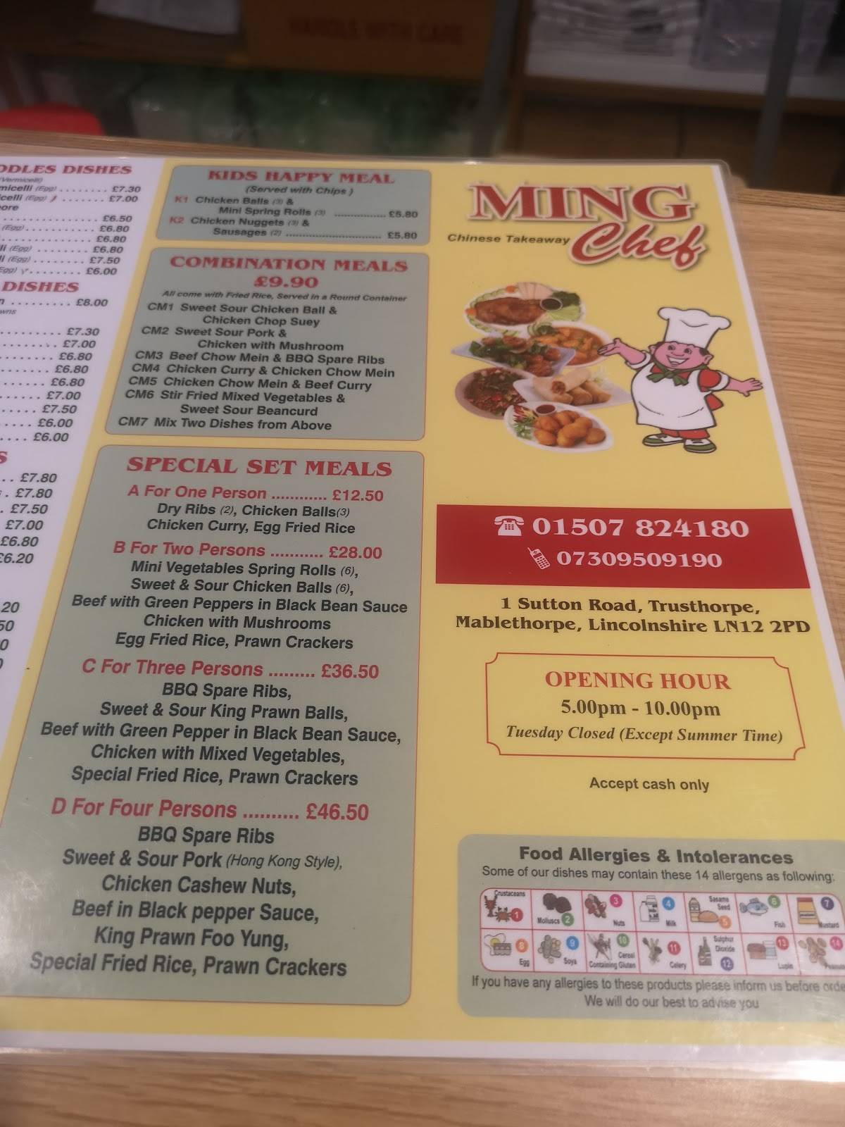 Menu at Ming chef Chinese takeaway restaurant, Mablethorpe