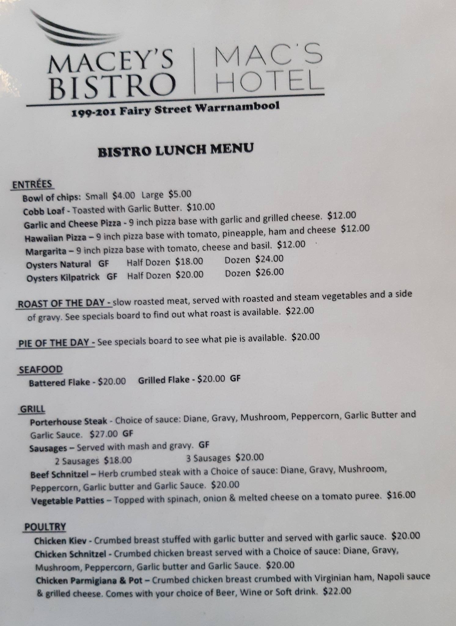 Menu at Macey's Bistro restaurant, Warrnambool, 199 Fairy St