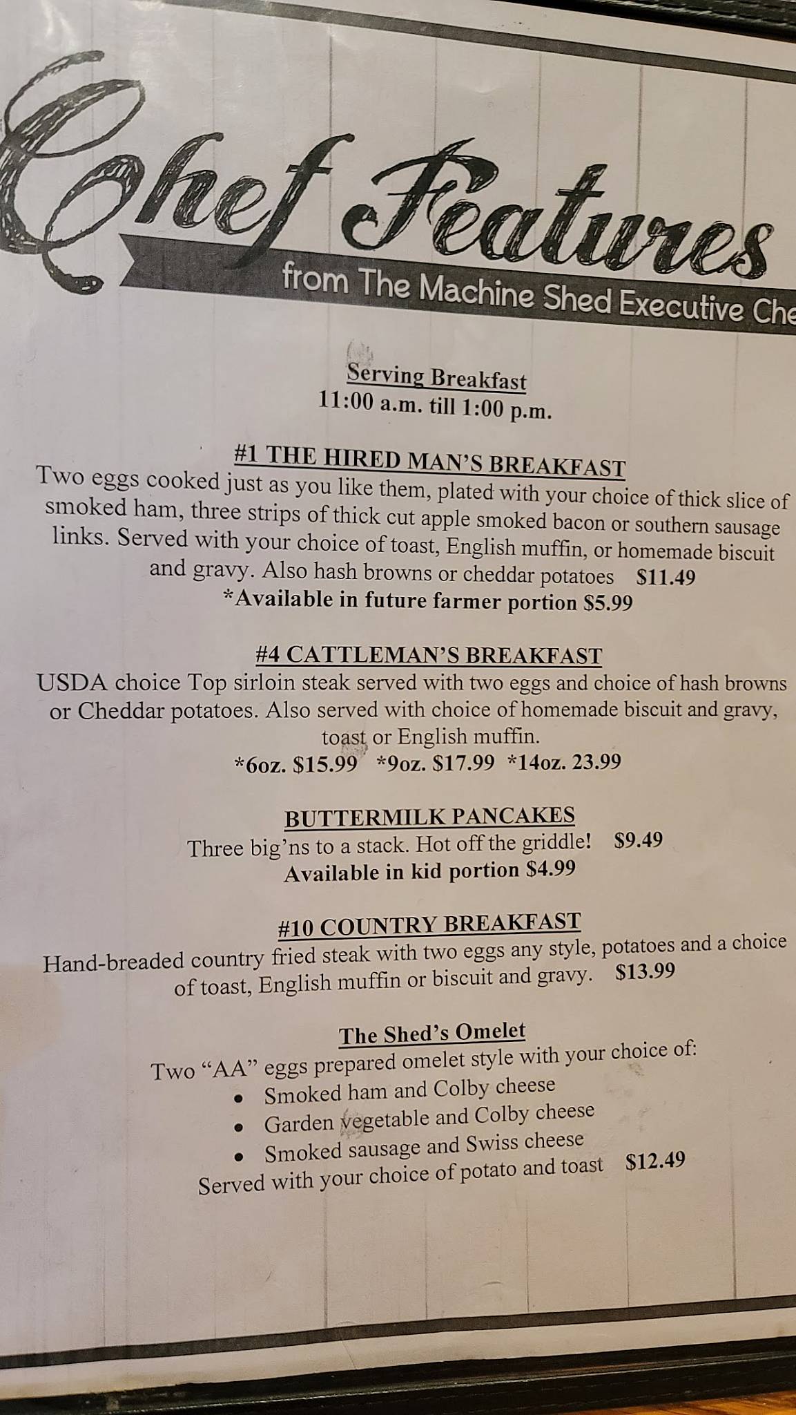 Menu at Machine Shed Restaurant, Rockford