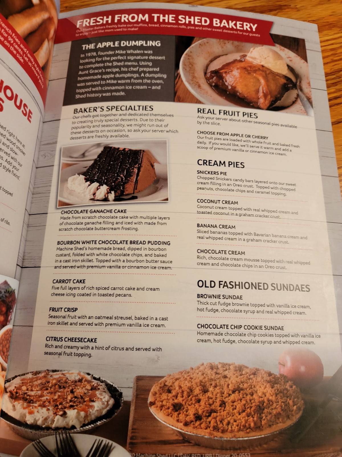 Menu at Machine Shed Restaurant, Rockford